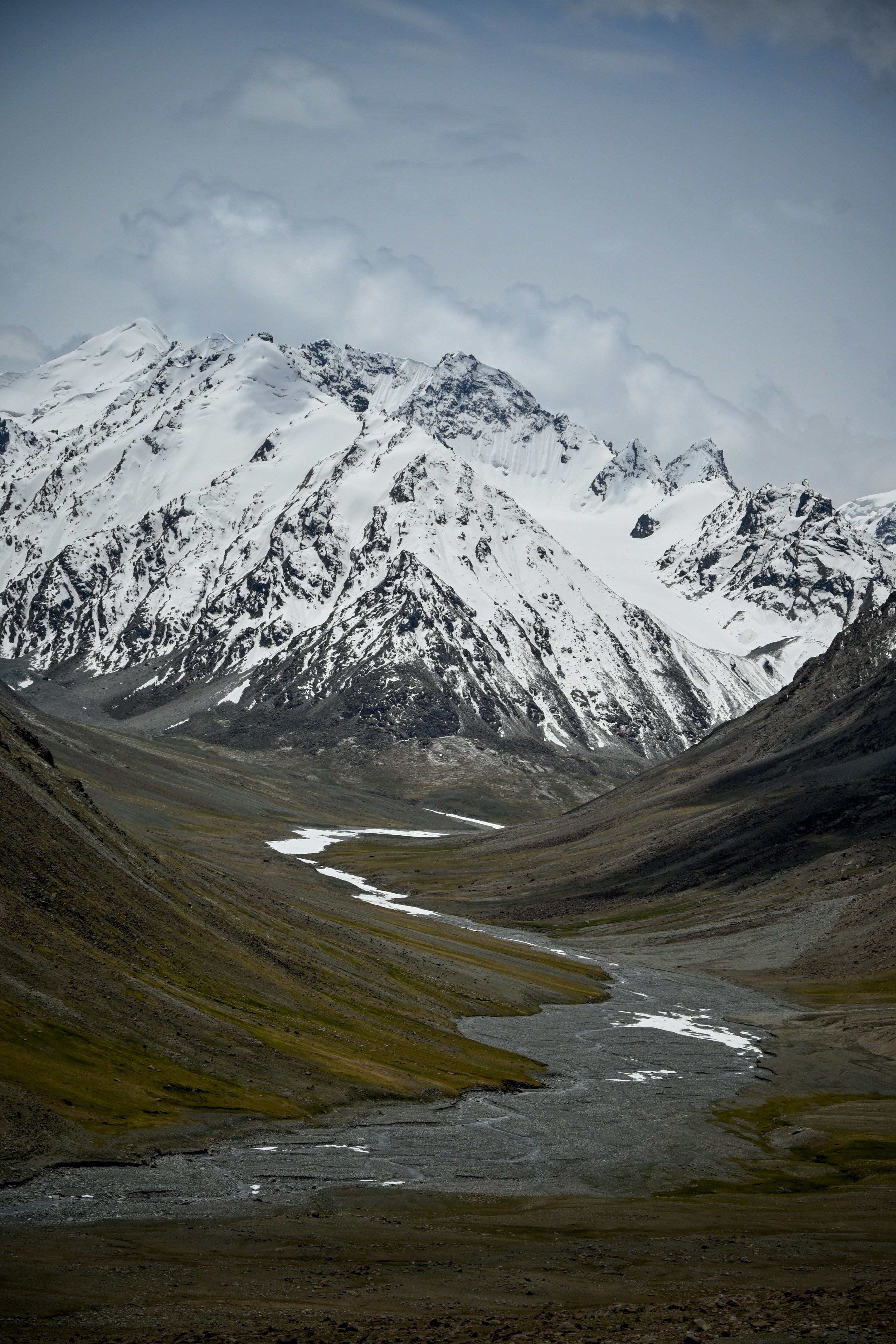 Snowbound Peaks Over a Winding Glacial Valley