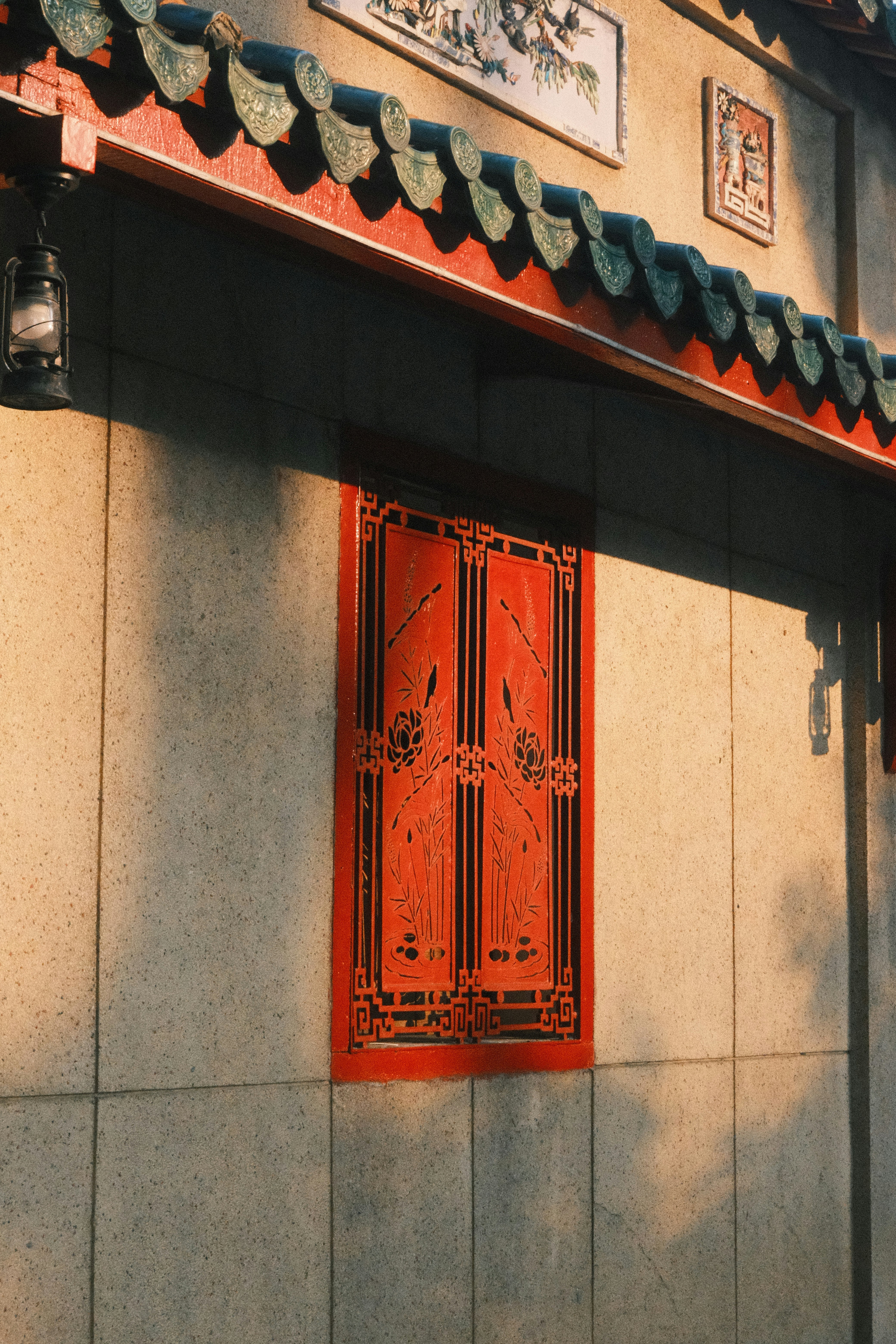 Red Door in Warm Shadow: Chinese Architectural Wall Panel