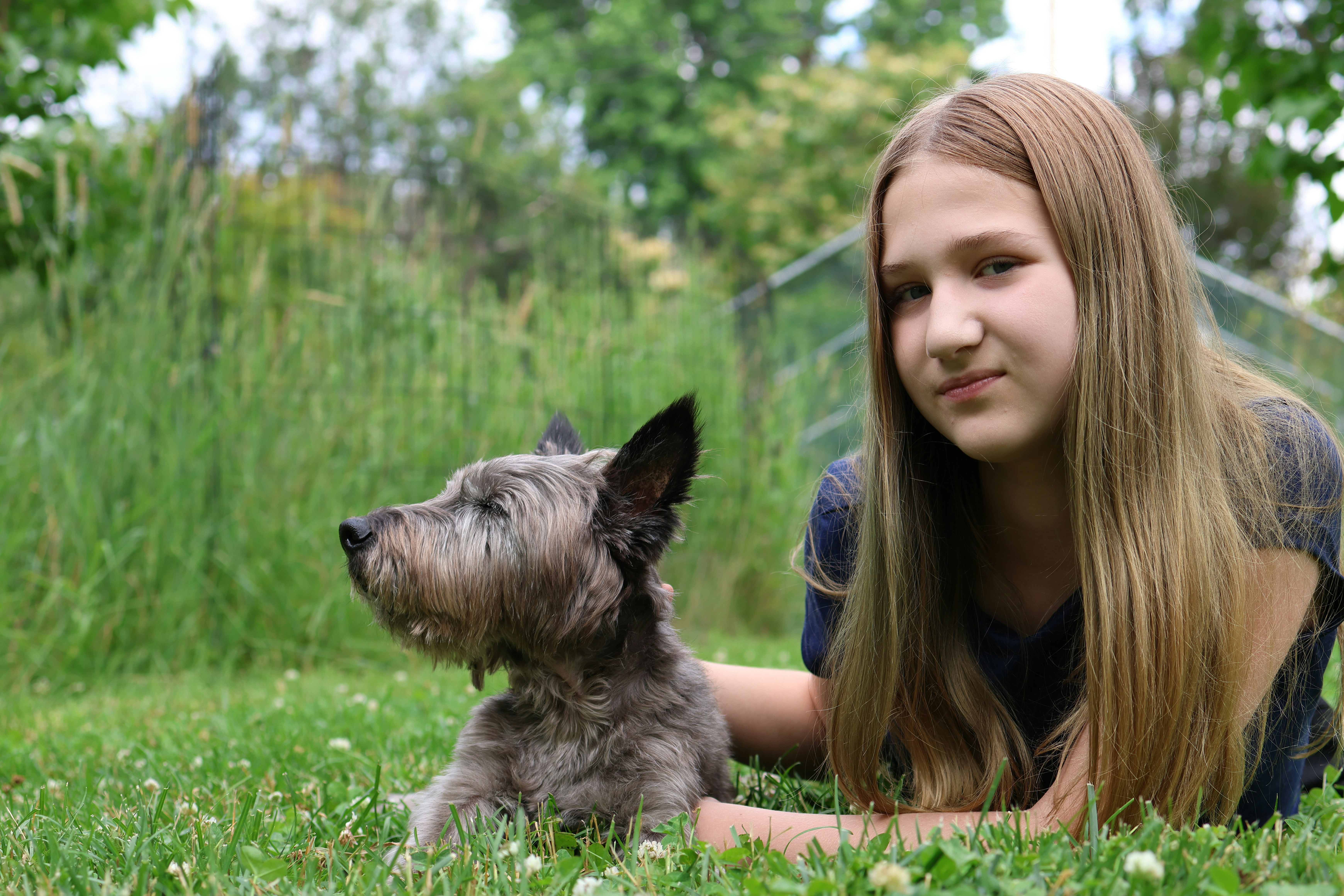 Girl and her dog in sunlit field