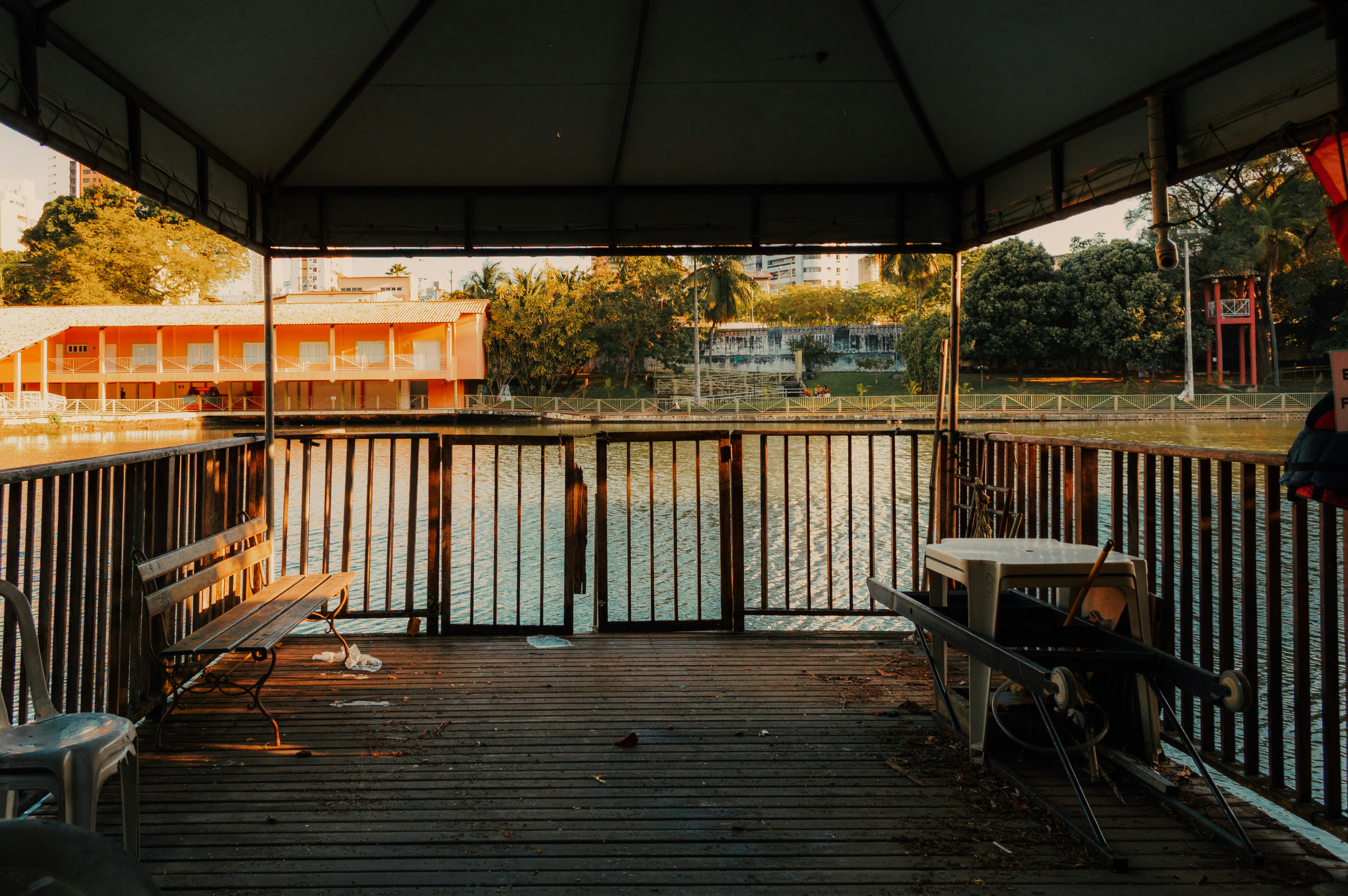 Quiet riverside pavilion at golden hour