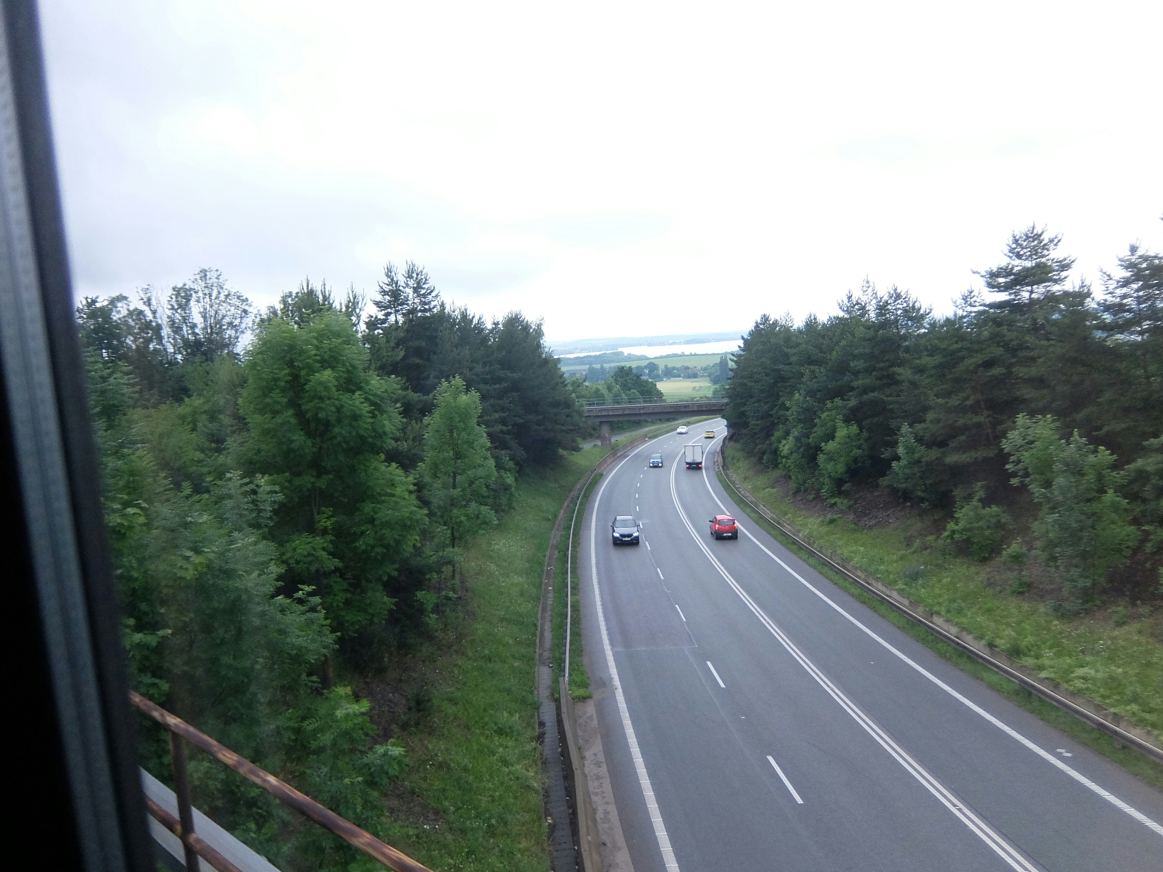 Wide highway flanked by dense green trees, captured from a roadside vantage with a slight downward perspective toward oncoming lanes.