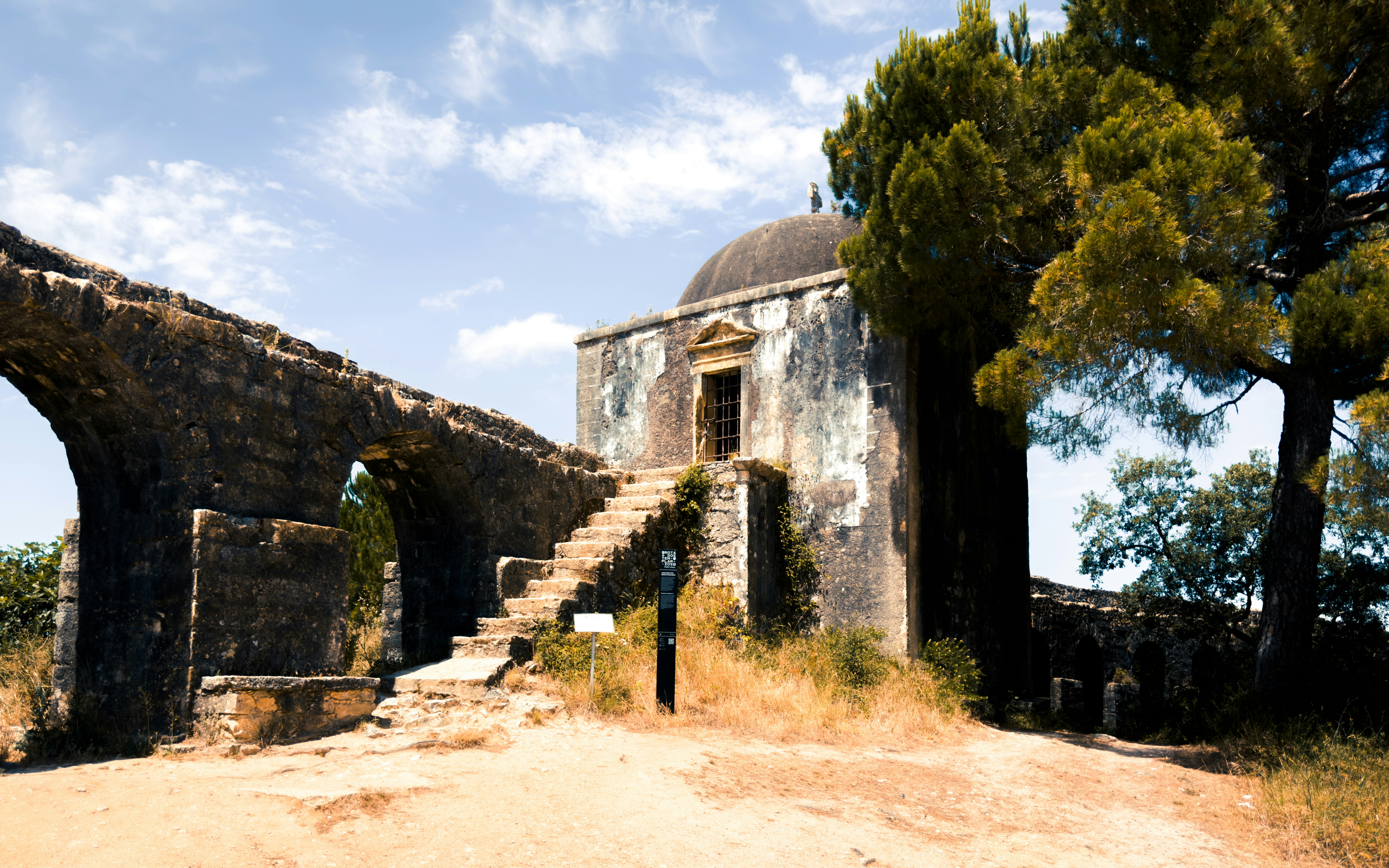 Sunlit Ruins of a Dome-topped Structure Framed by Pine Trails