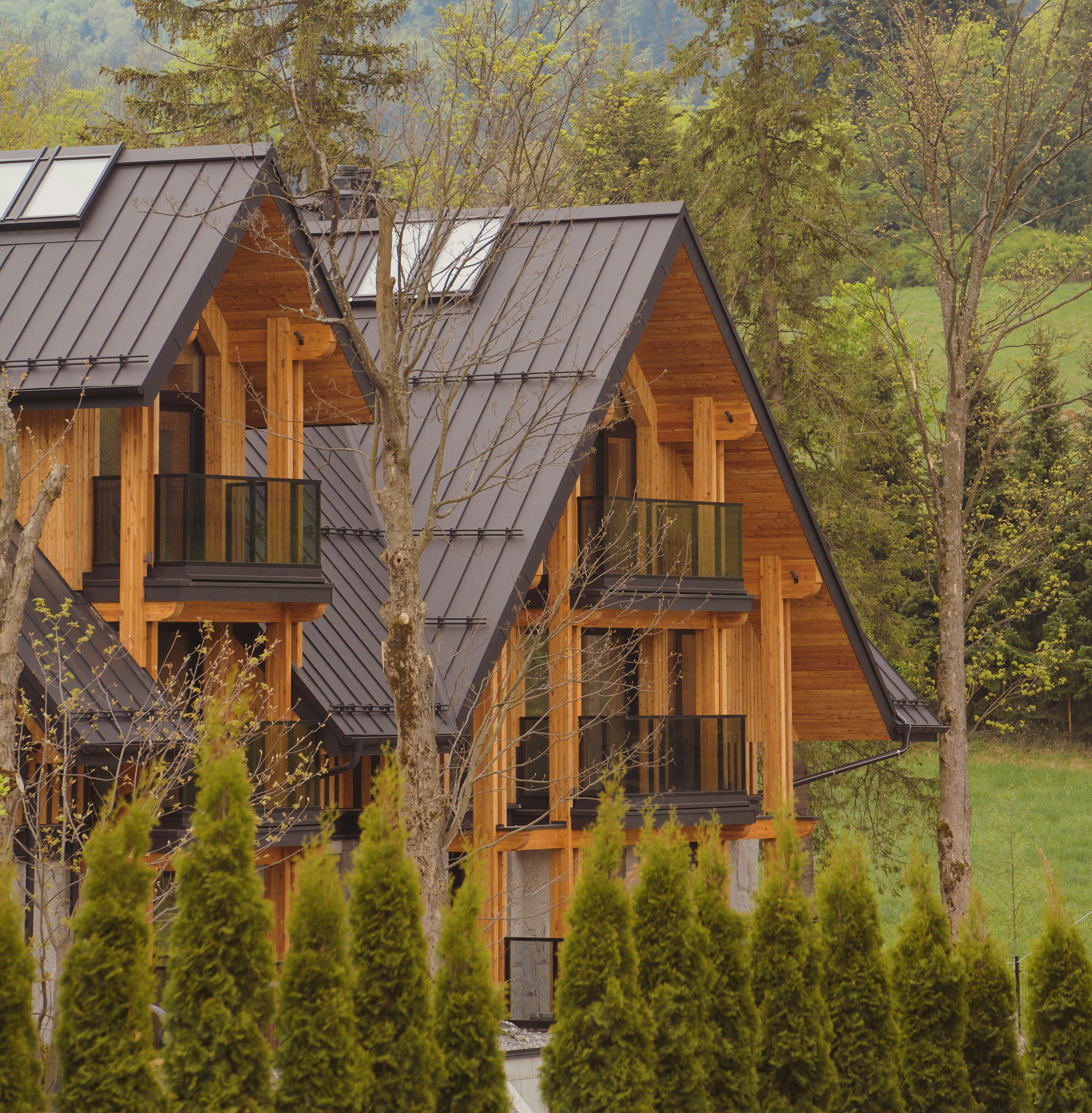 A timbered chalet rises behind a row of evergreen hedges under a mellow sky