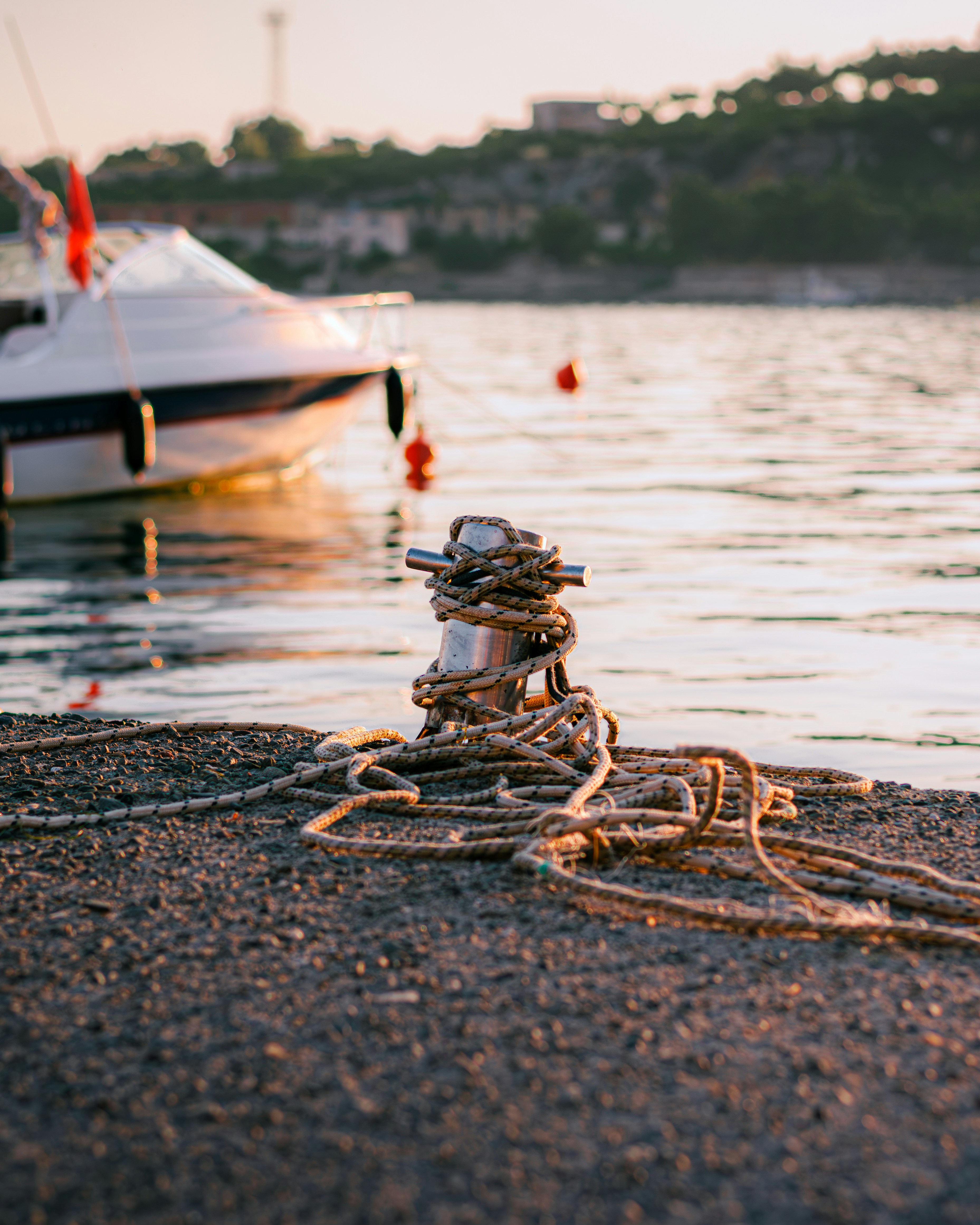 Rope Weights on the Railing: Calm Evening at the Marina