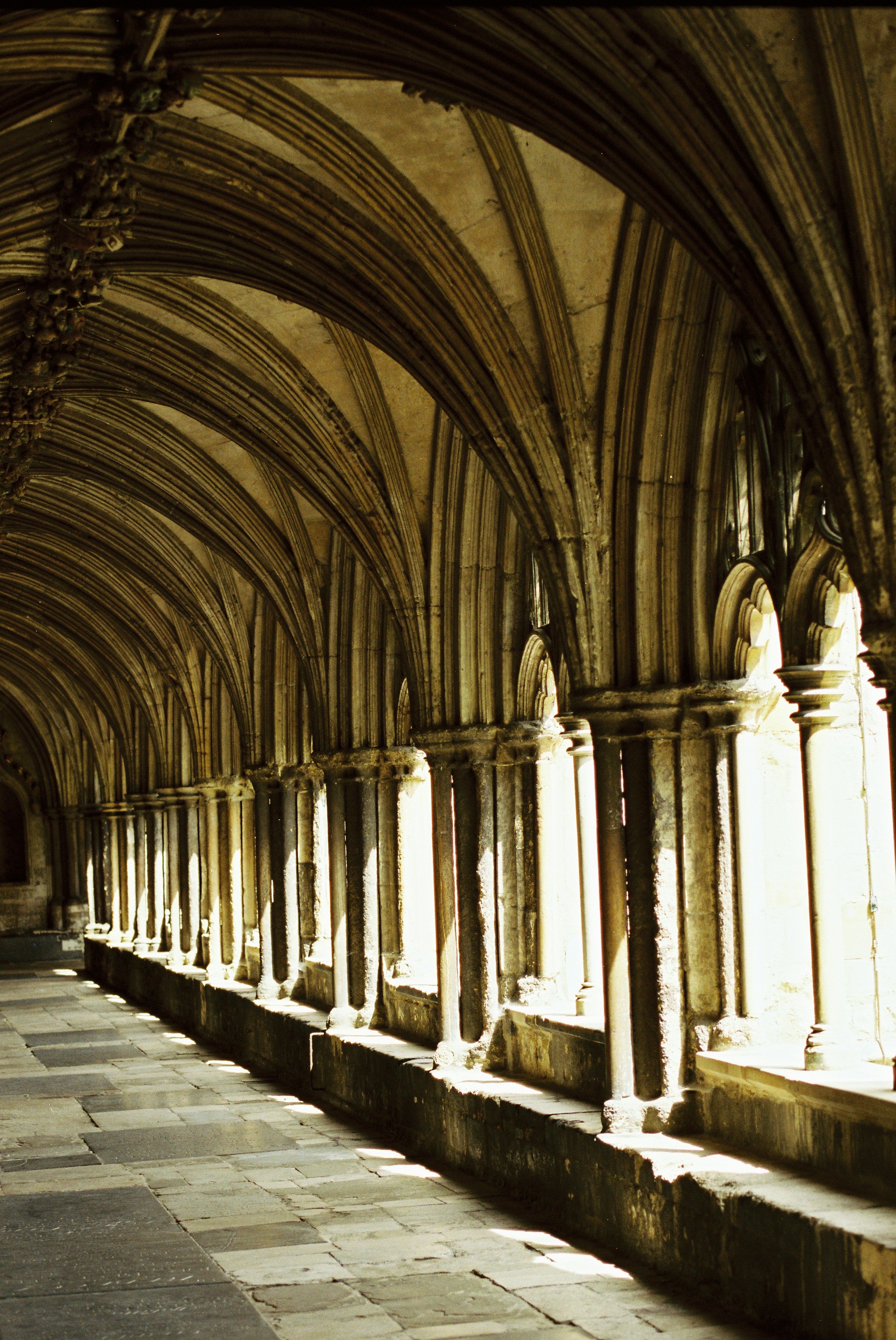 Golden light streams through the vaulted arches of a medieval stone cloister walkway.