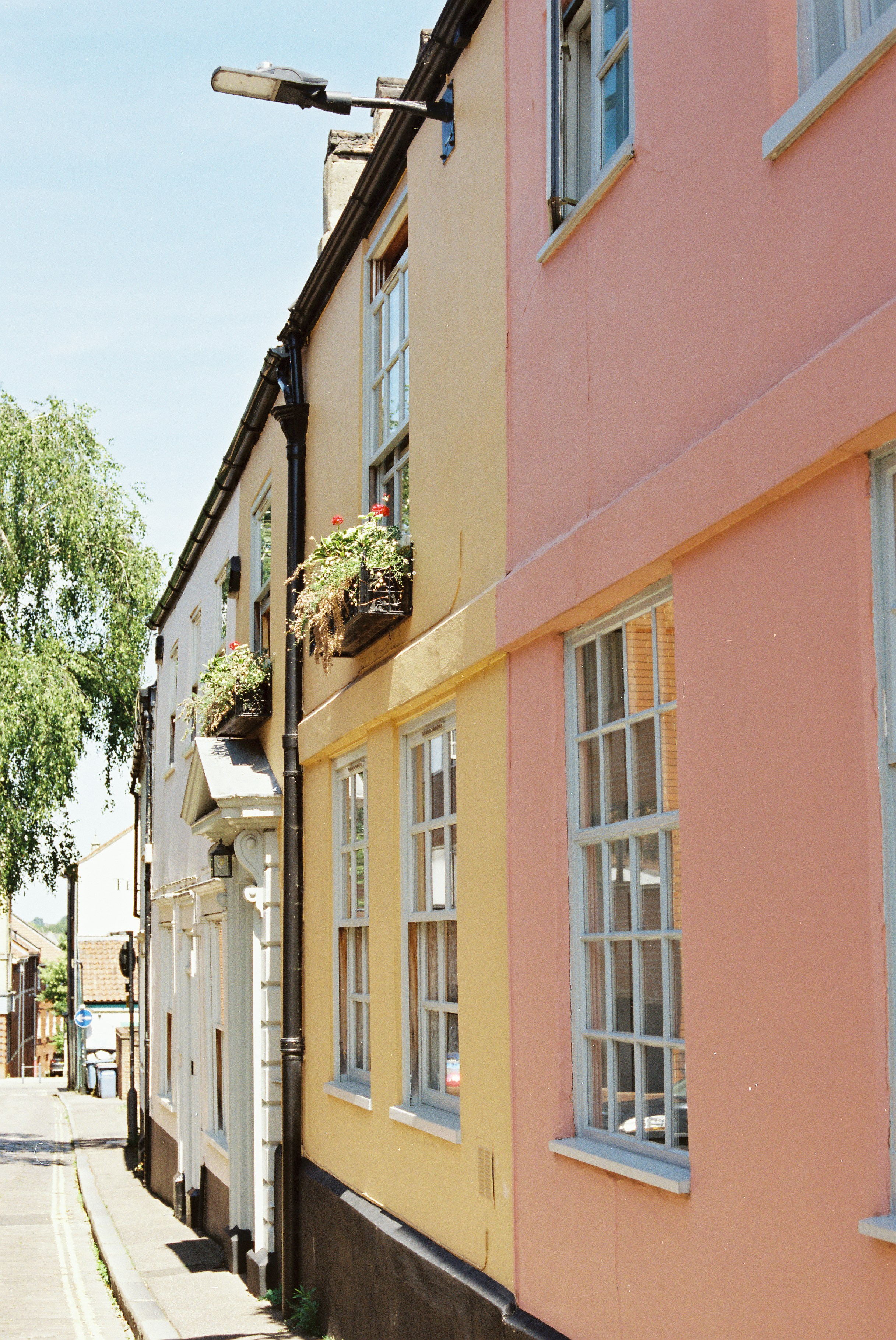 Pastel Parade: A Sunlit Alley of Painted Facades