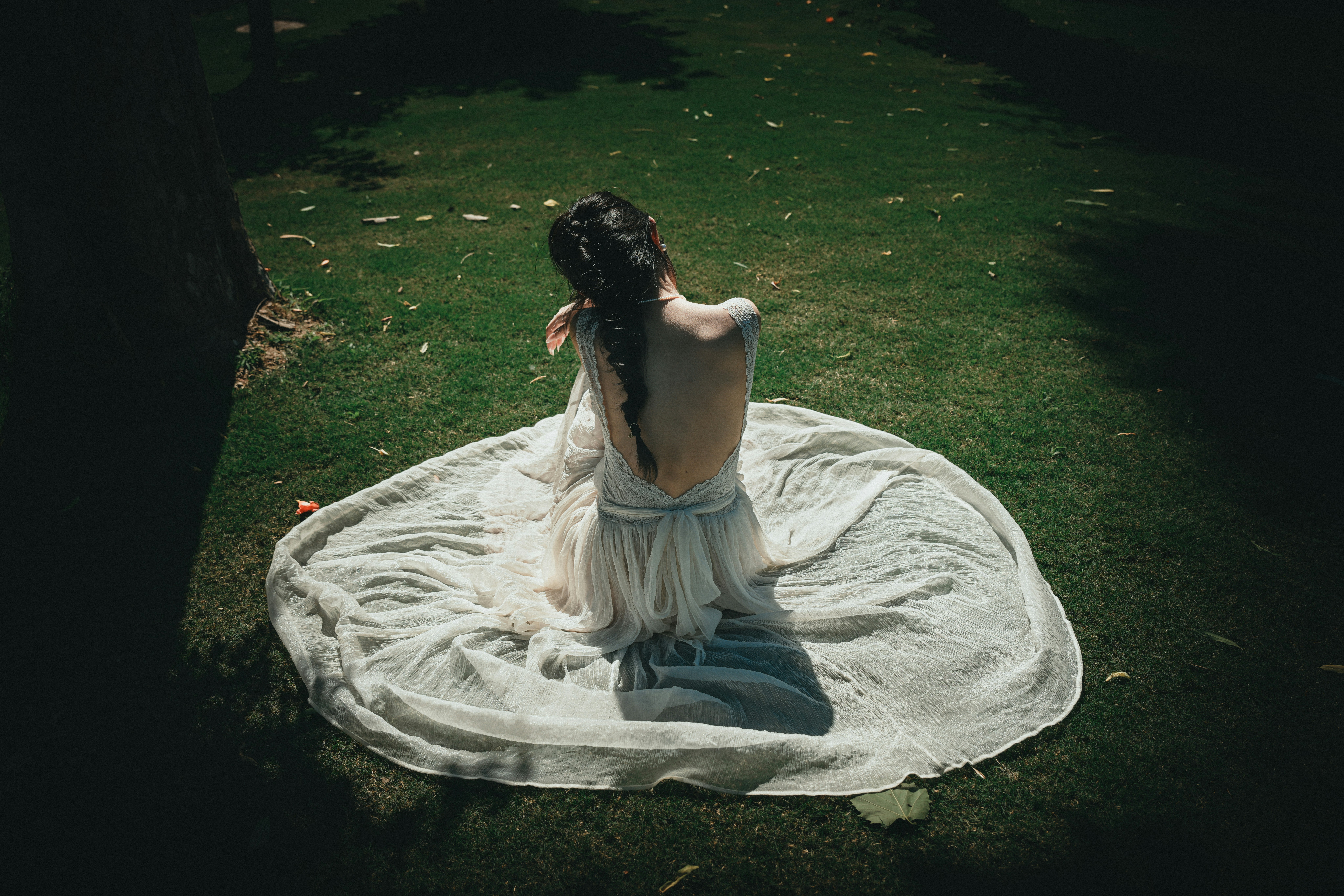 Dappled Quiet: A Dress Spread Across Grass Under Tree Shade