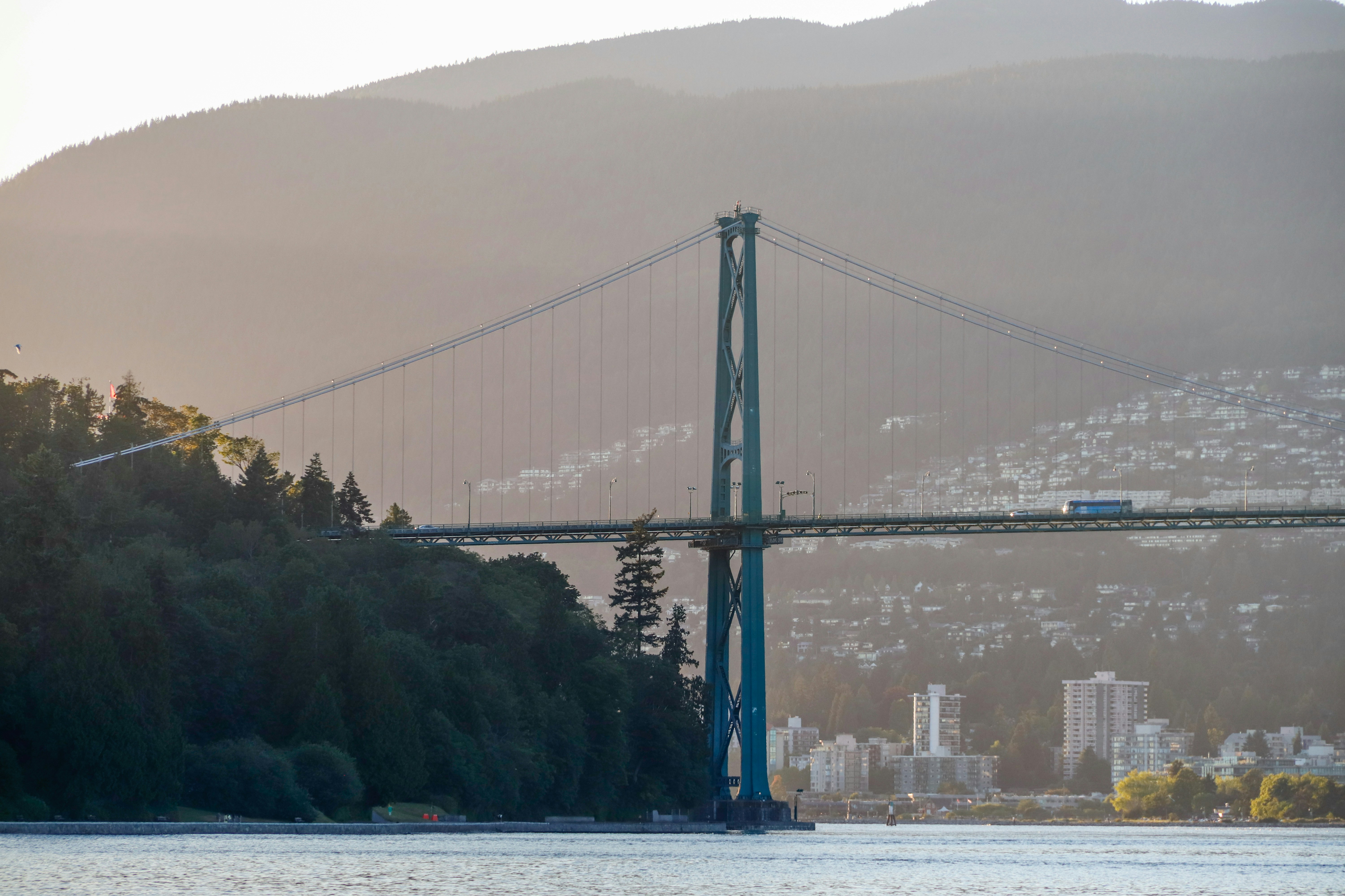 Suspension Lines Over the Waterfront: A Quiet City Bridge at Dusk