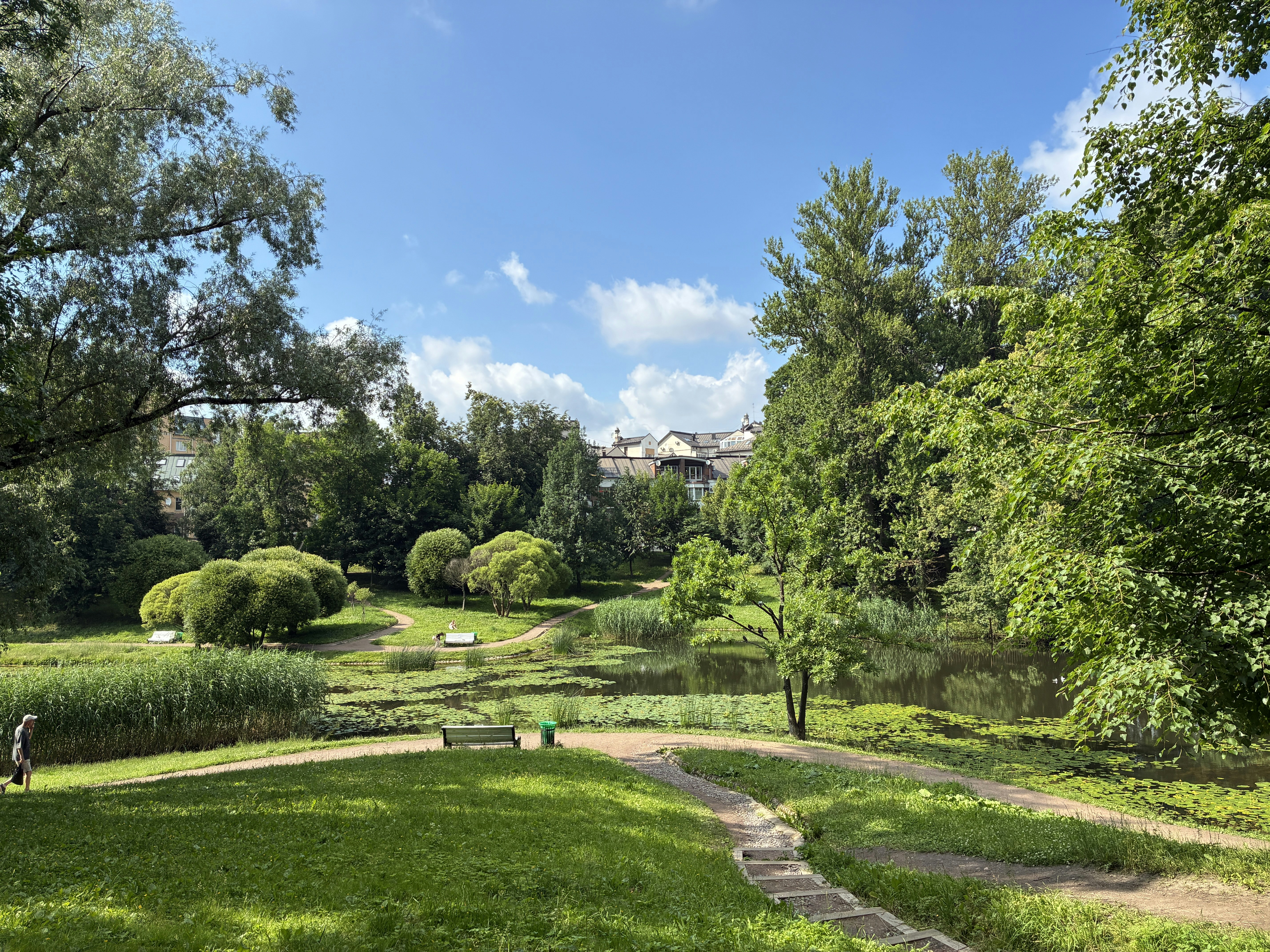 Civic park scene with a winding stone path beside a calm pond, trimmed hedges and trees under a bright blue sky.