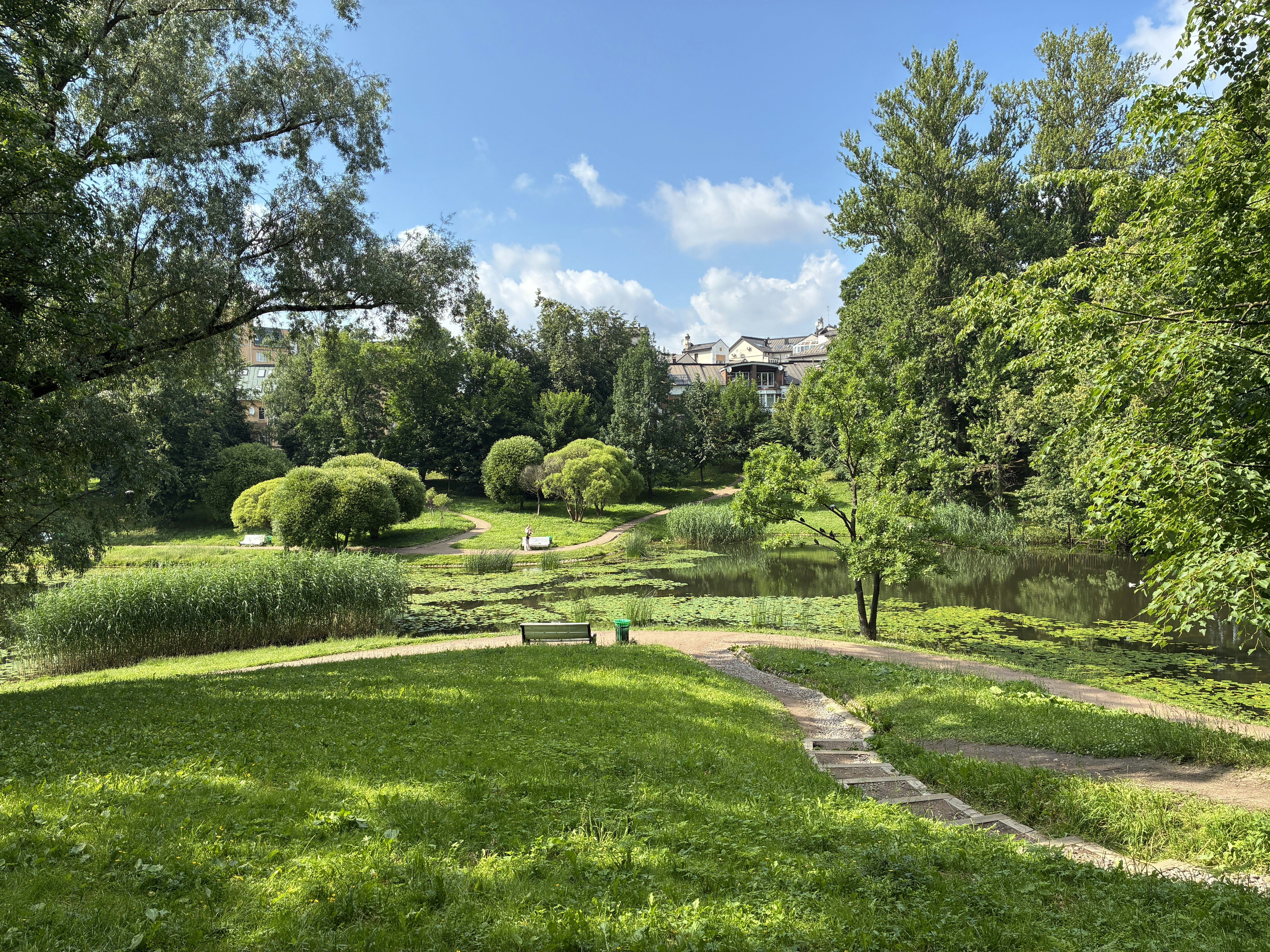Lush city park with a winding stone path, a calm pond, and sculpted greenery under a bright sky.