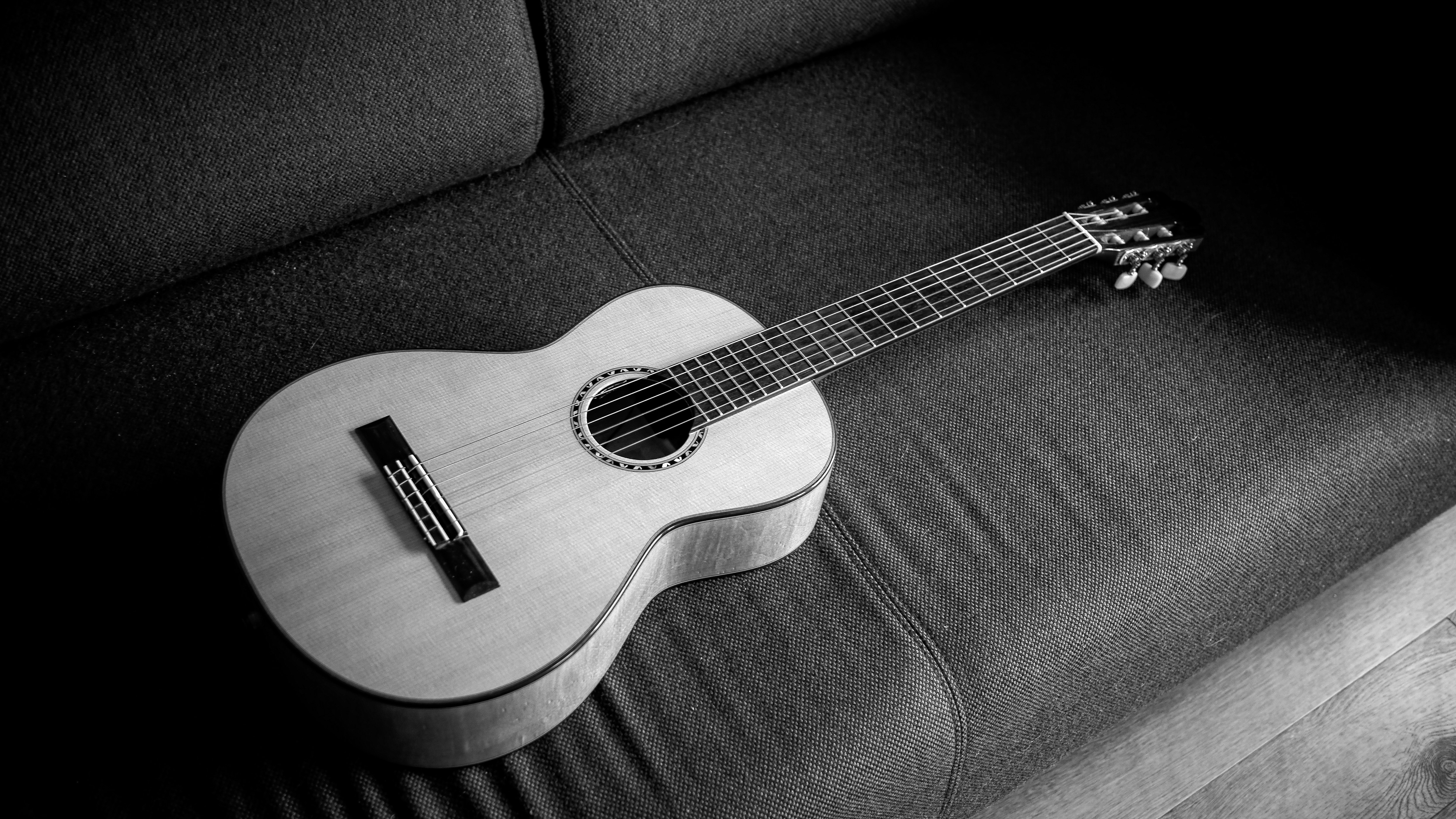 Black-and-White Acoustic: A Quiet Guitar Rest on a Sofa