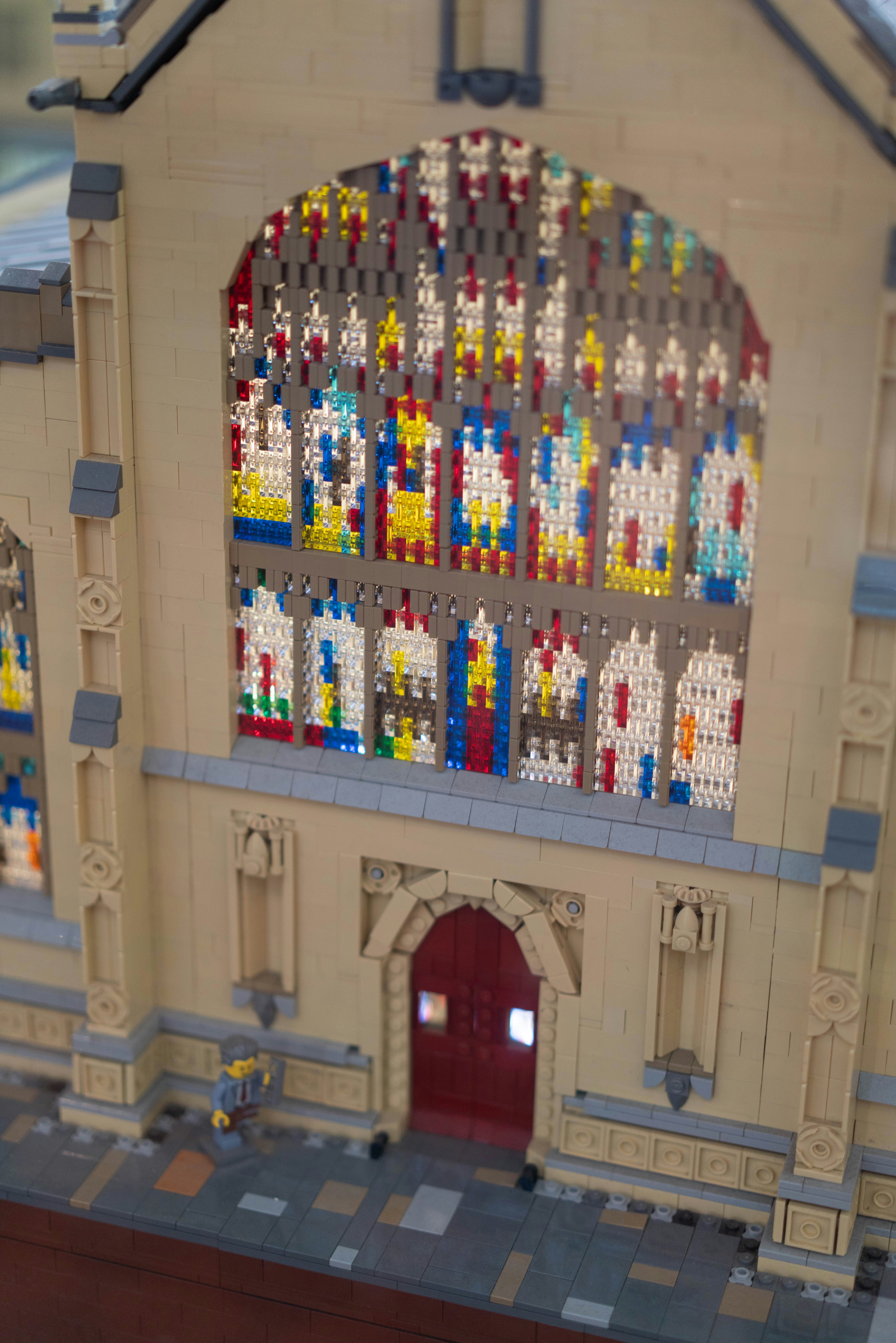 Facade of a Grand LEGO Cathedral with Stained-Glass Details