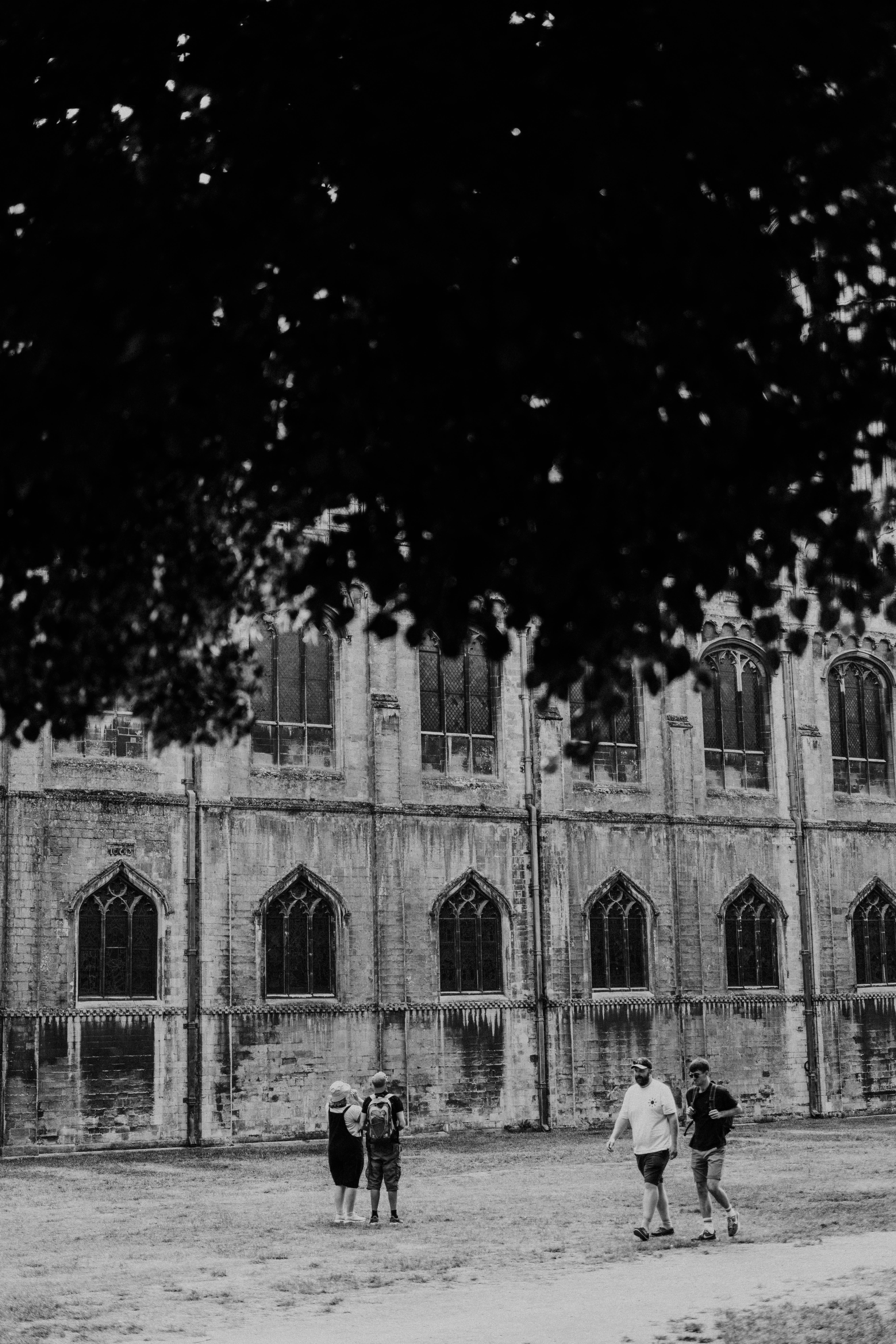 Couple and friends beneath a gothic façade