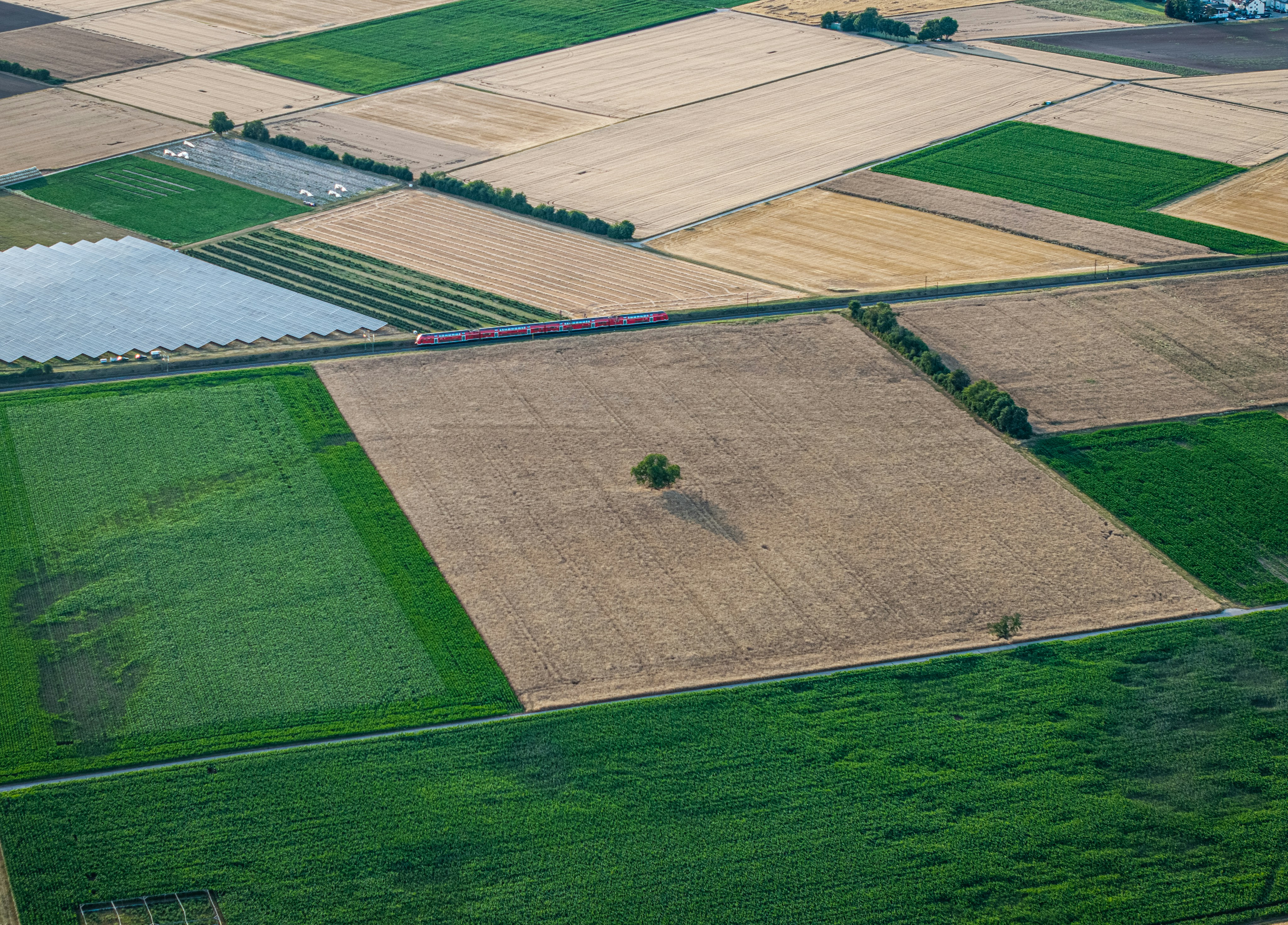 Patchwork of Fields: Aerial Grid of Farmland and Road Slipstream
