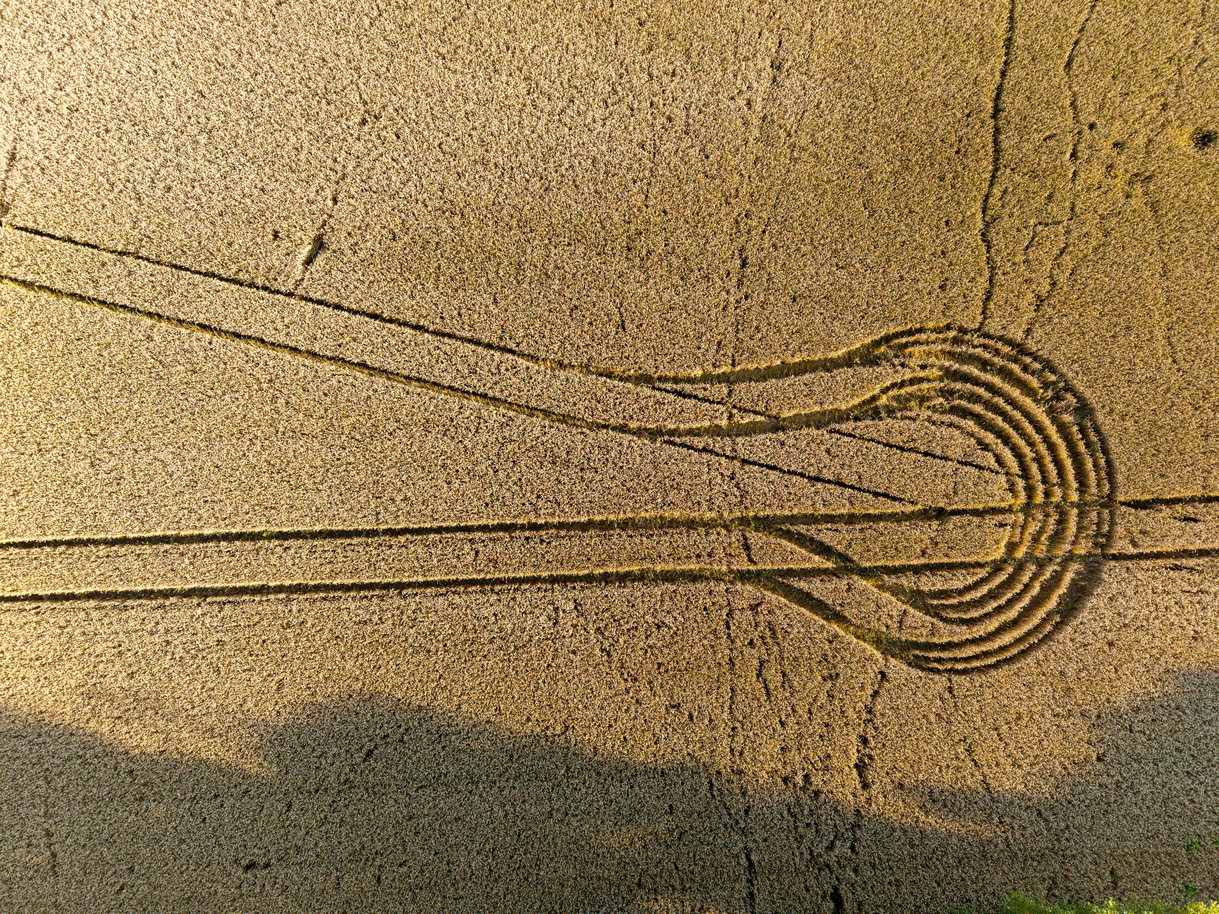 Rusted rings and tire tracks etched in sunlit sand