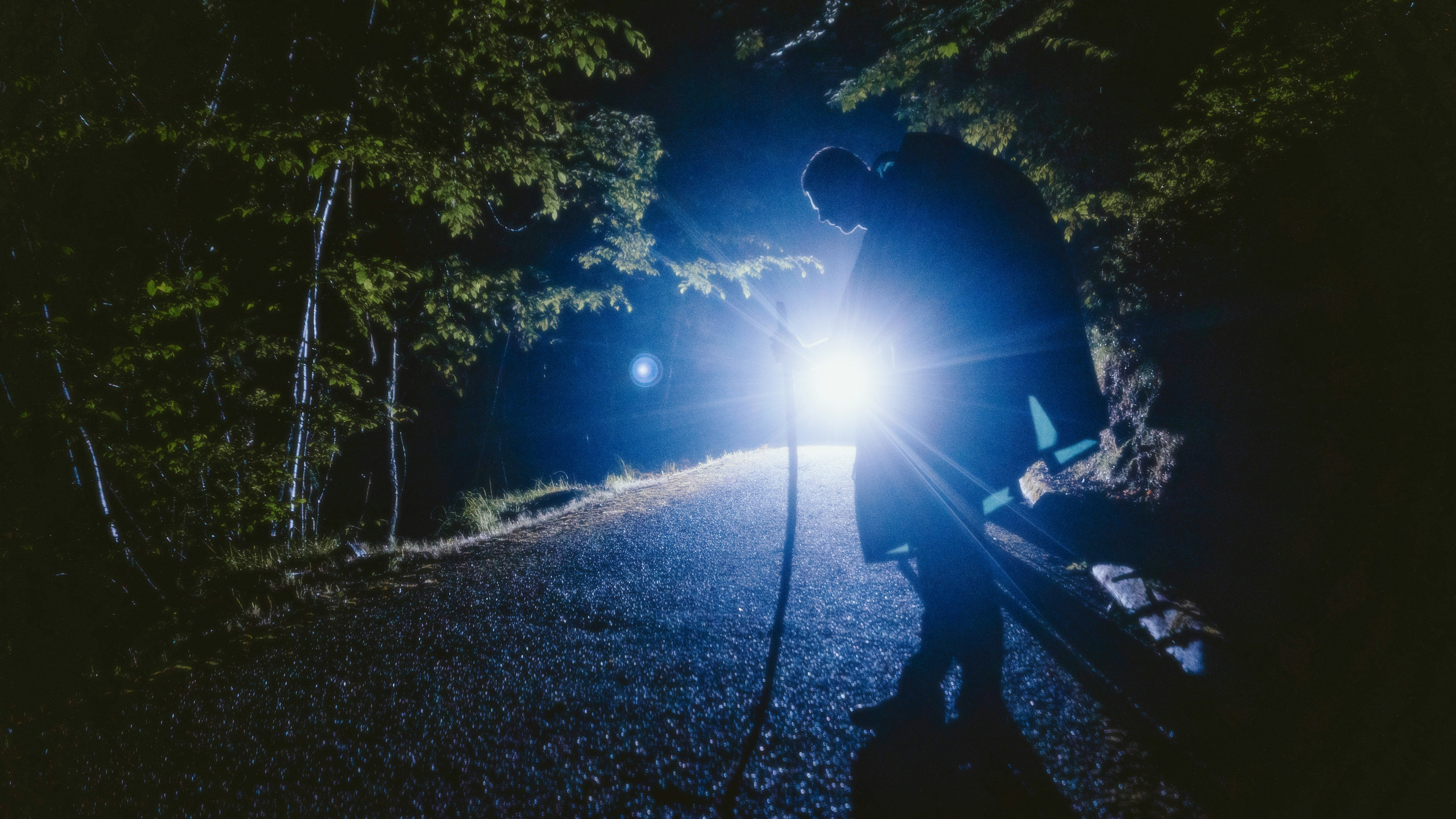 Night Walker with a Car Headlight: A Lens-Flare Portrait in the Woods