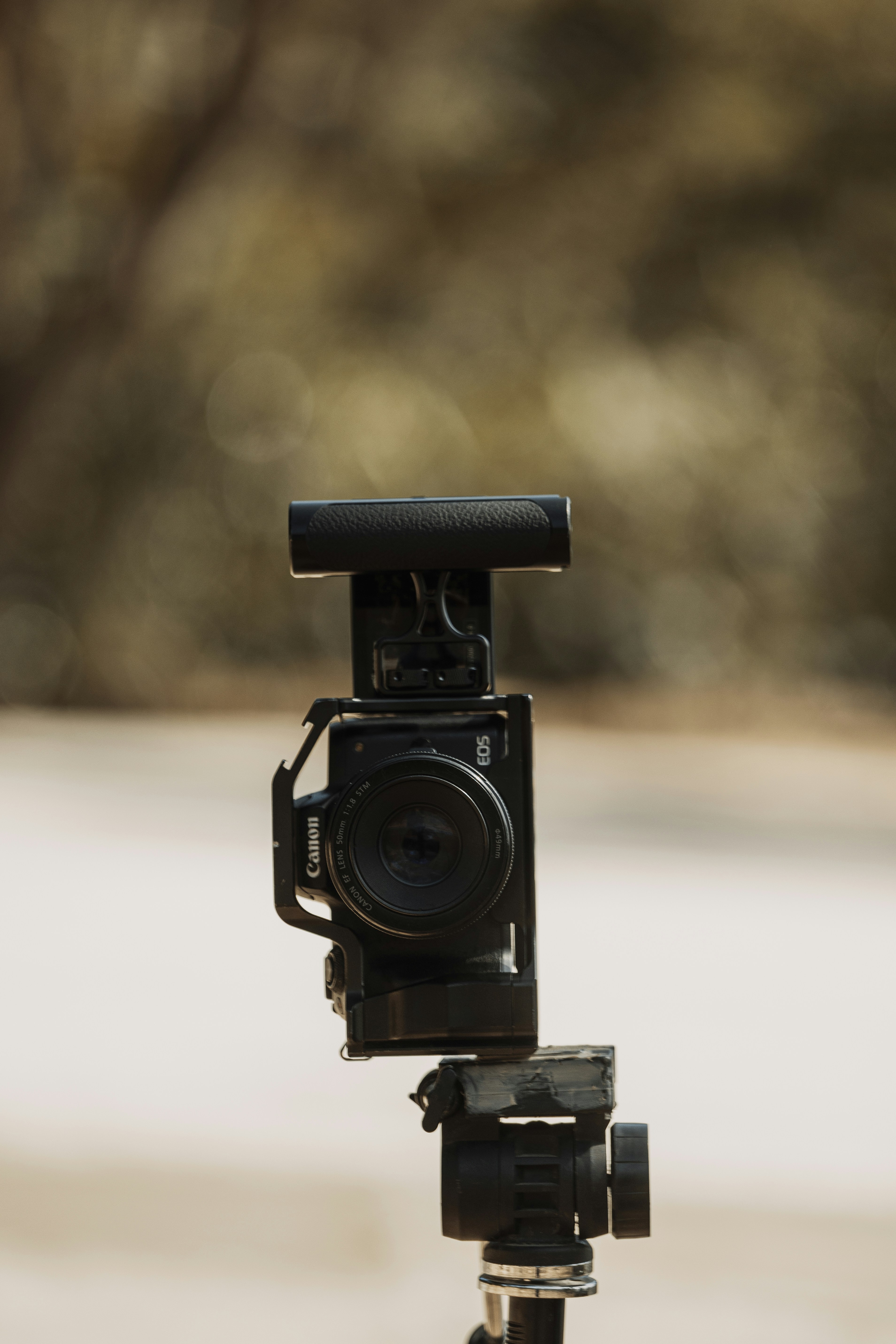 Close-up of a compact Canon camera mounted on a small tripod, set against a softly blurred outdoor background.