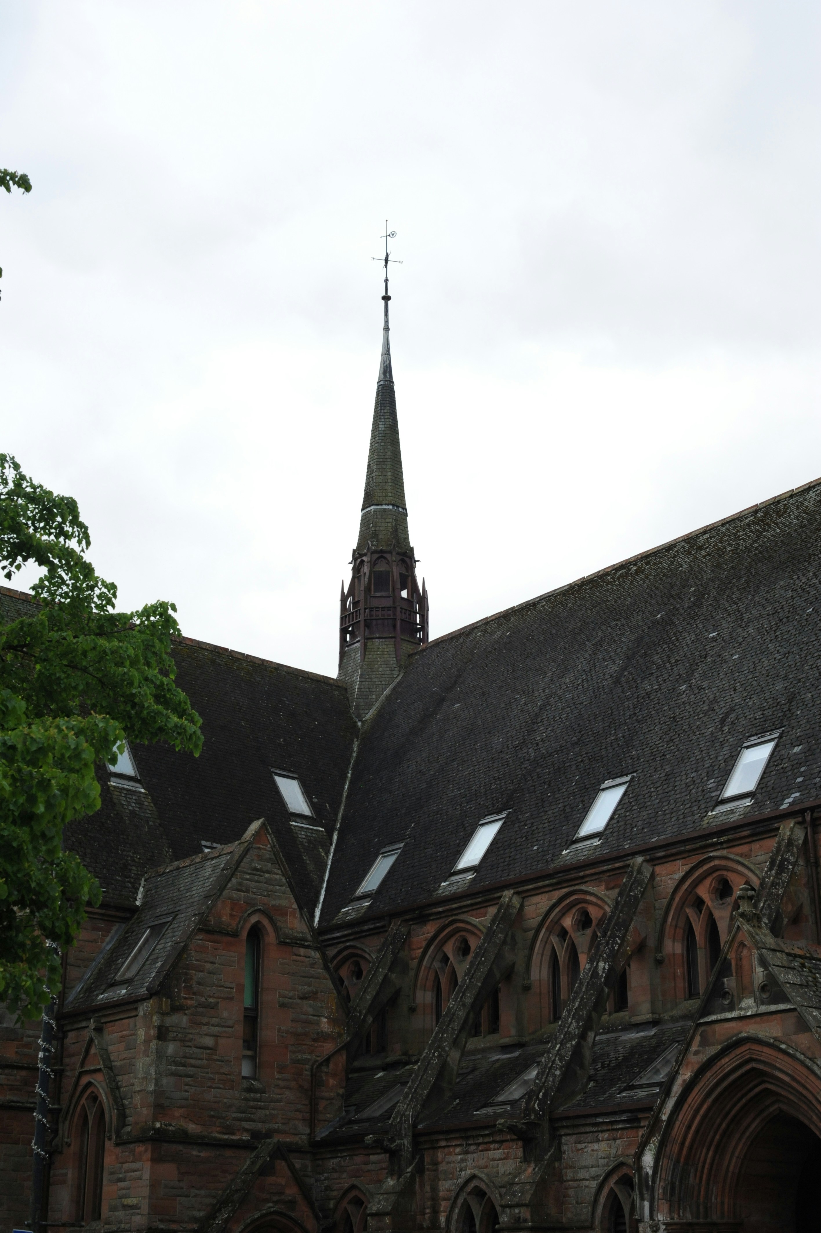 Spire Rising Above Mossy Roofs: A Gothic Church in Focus