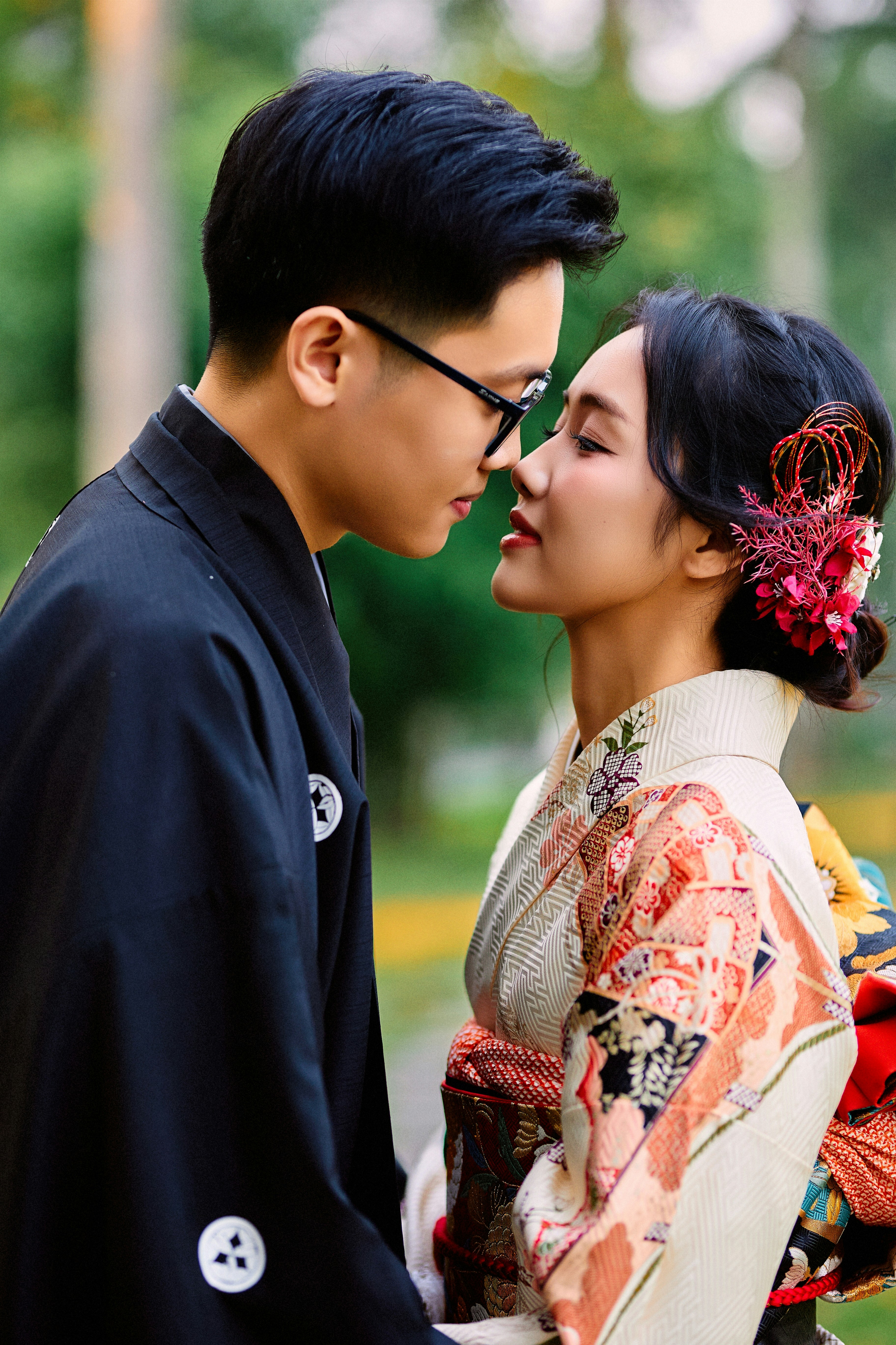 A joyful couple sharing a tender moment, smiling warmly at each other while taking a stroll outdoors. The image radiates genuine happiness, commitment, and the beautiful milestone of a long-lasting relationship.