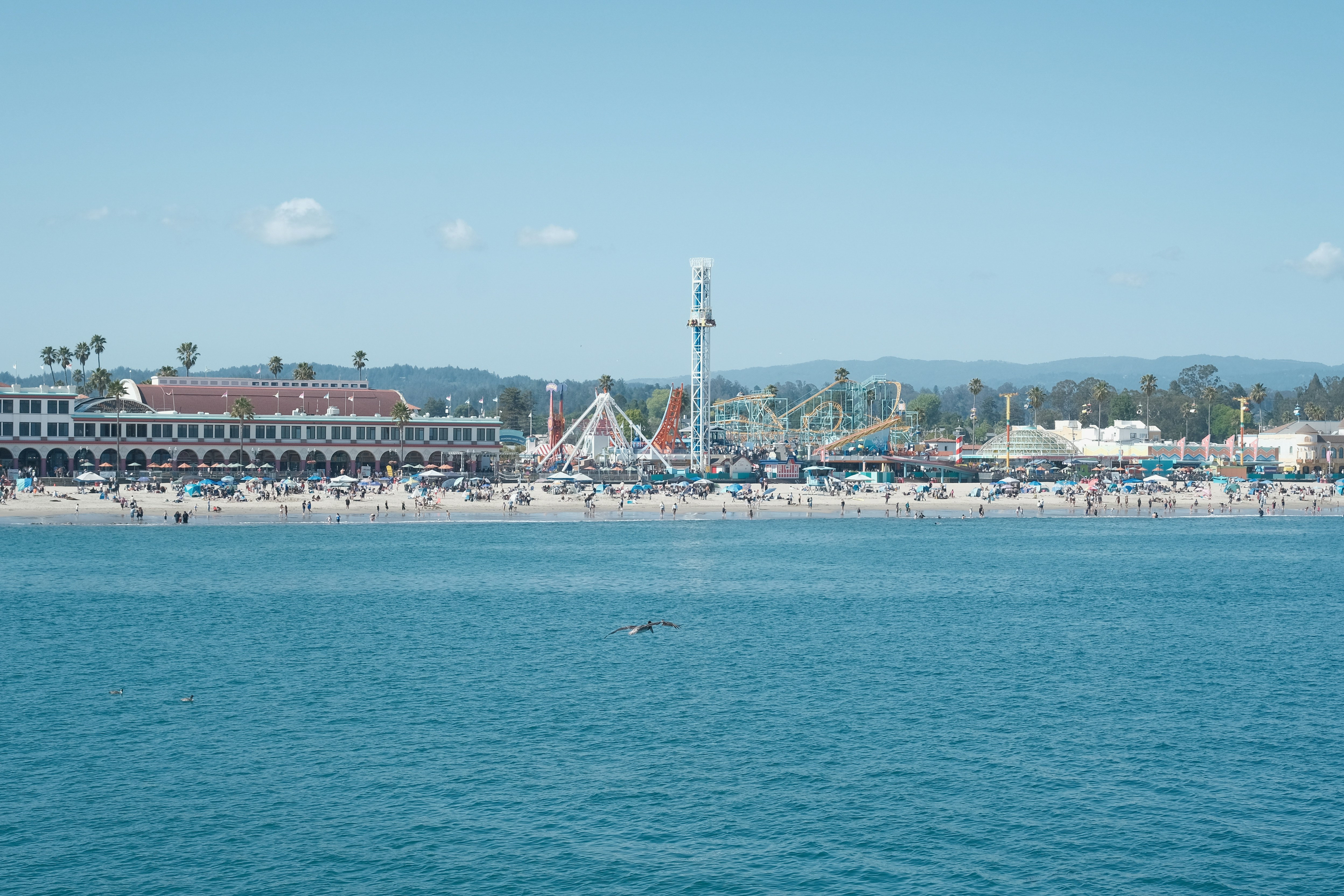 Coastal Fairground Crescent: Sunlit Beachfront with Ferris Wheel