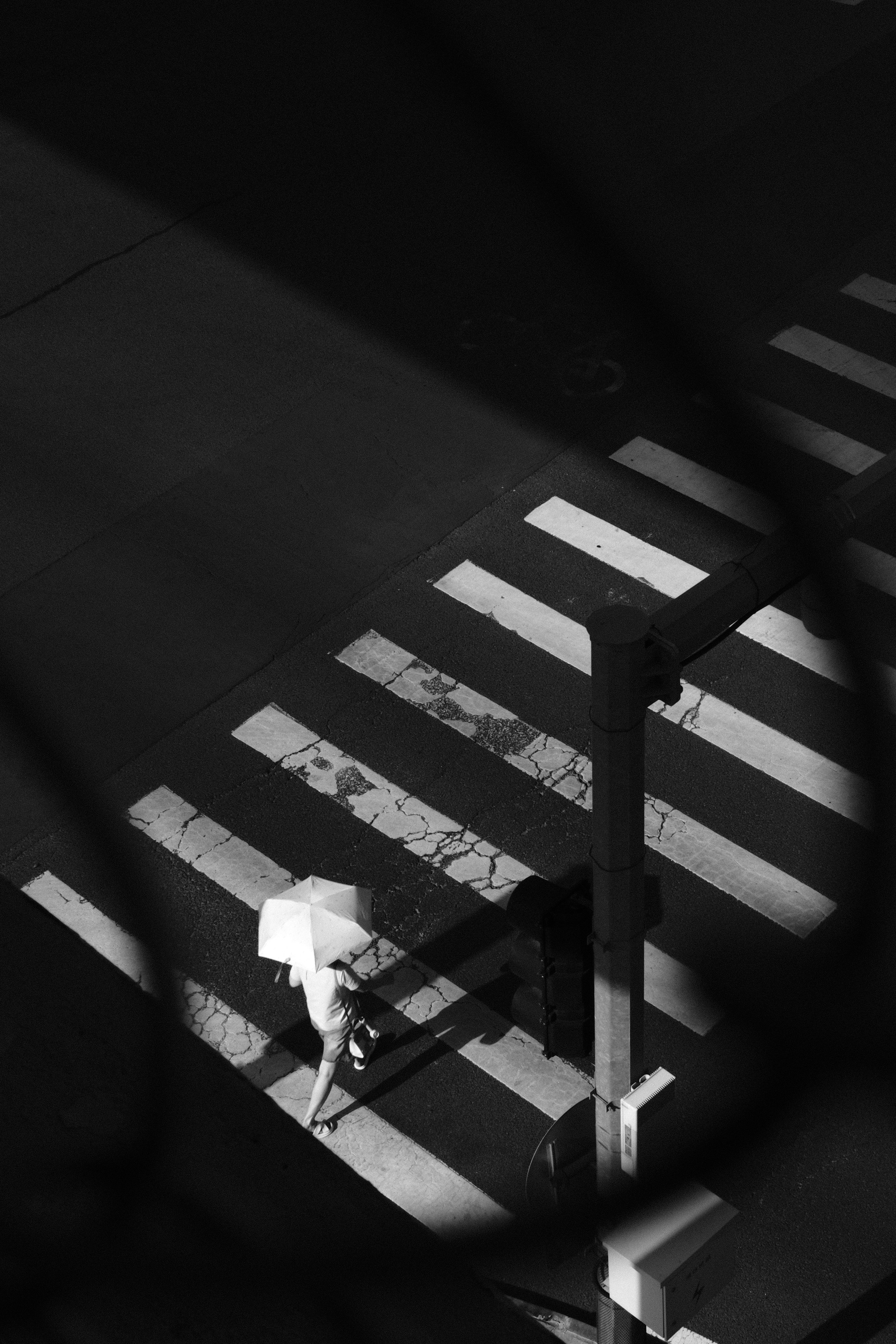 Shadowed Crossing: A solitary umbrella and silhouette on a sunlit zebra crossing