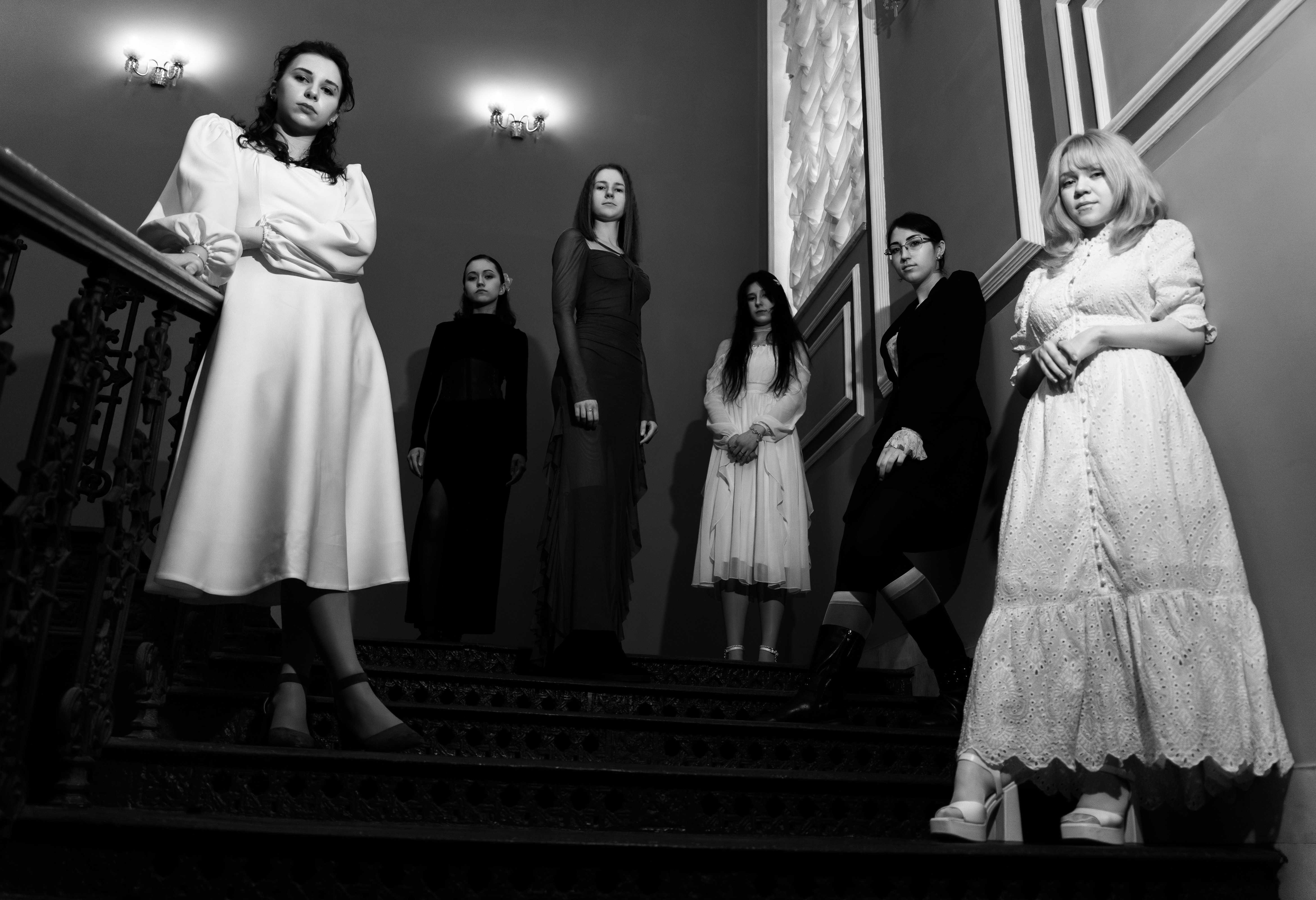 Staircase Portrait of Six in Velvet and Lace