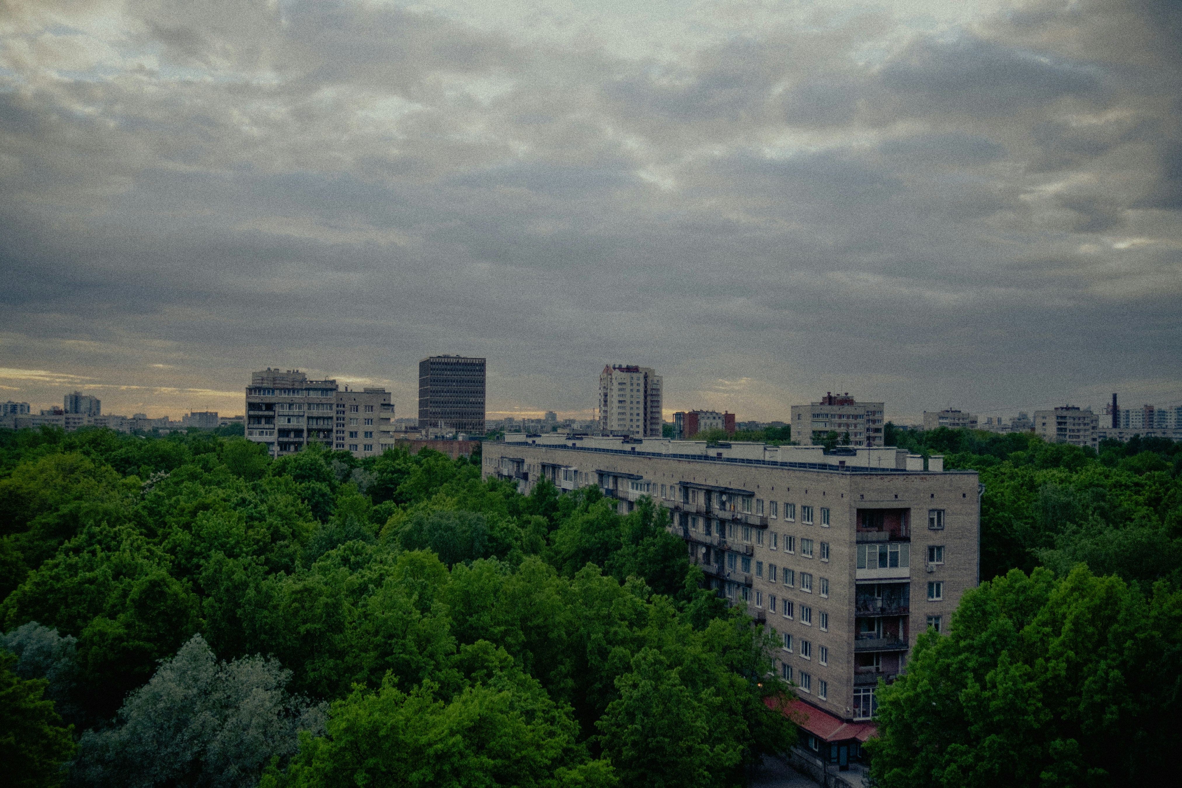 Overcast City Crest: A Green Envelope Beneath Concrete Towers