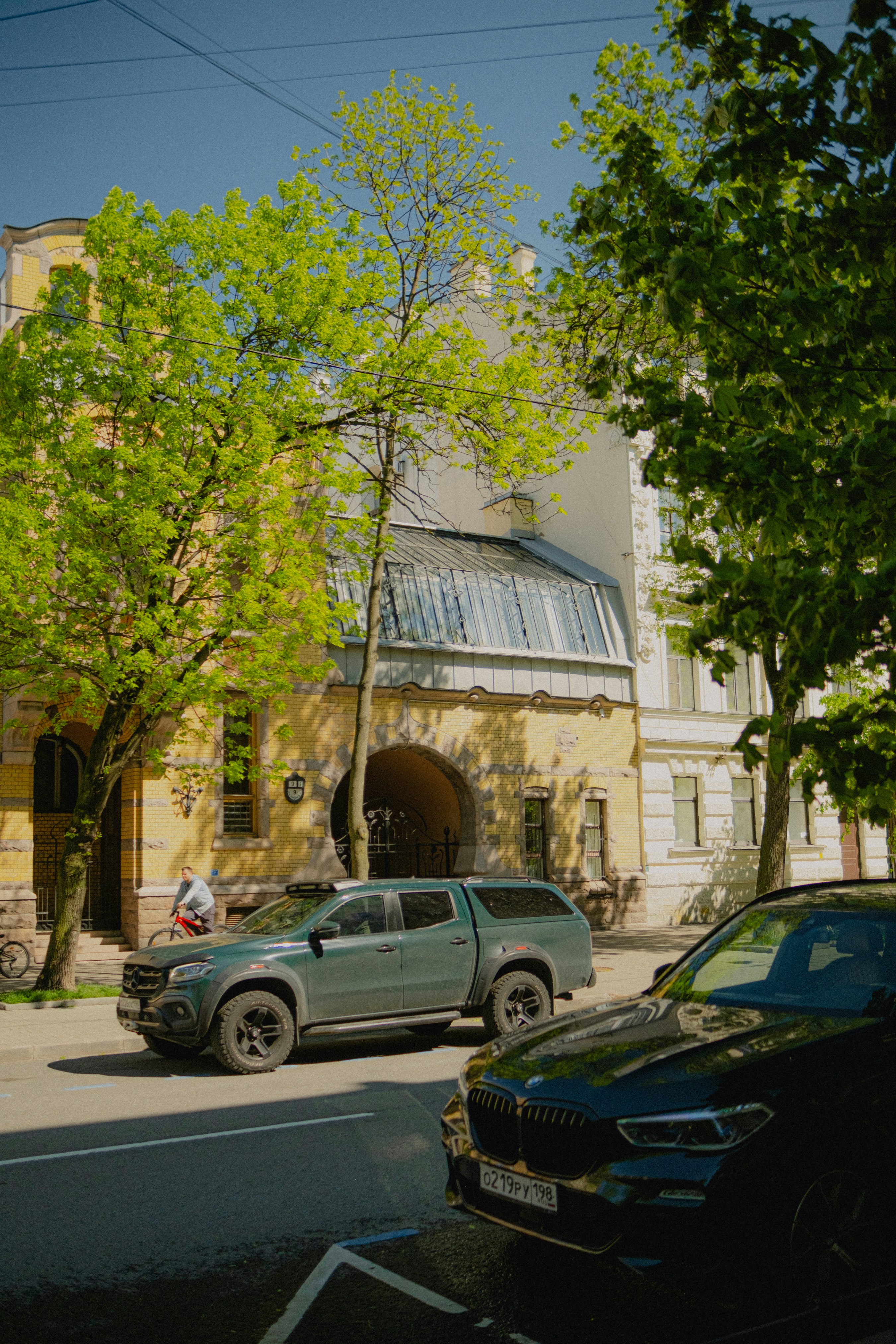 Sunlit Streetfront with Green Canopy and Crossing Vehicles