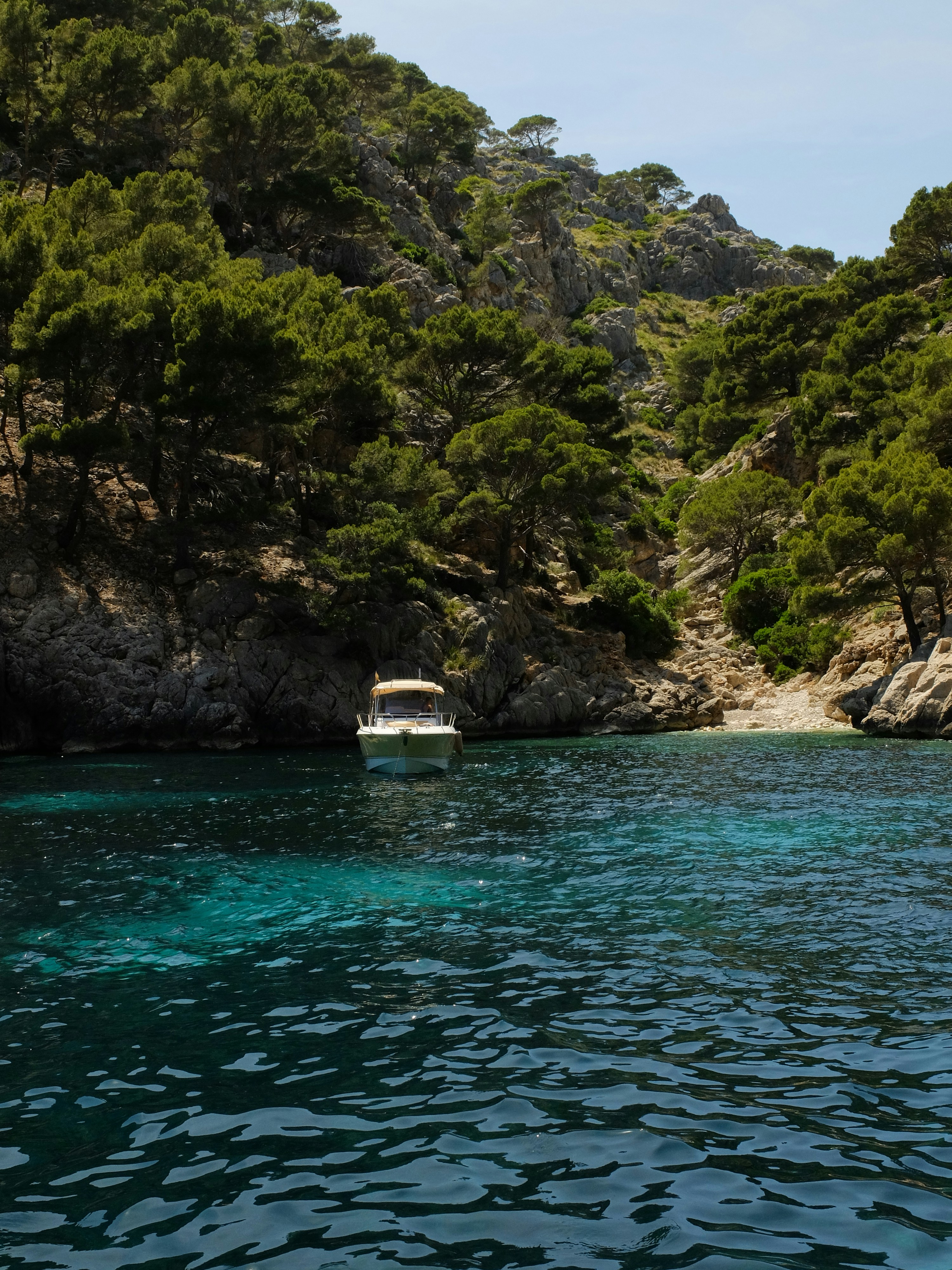 A small boat rests in a calm turquoise inlet framed by rocky cliffs and pine trees, inviting exploration of a secluded coastal cove.
