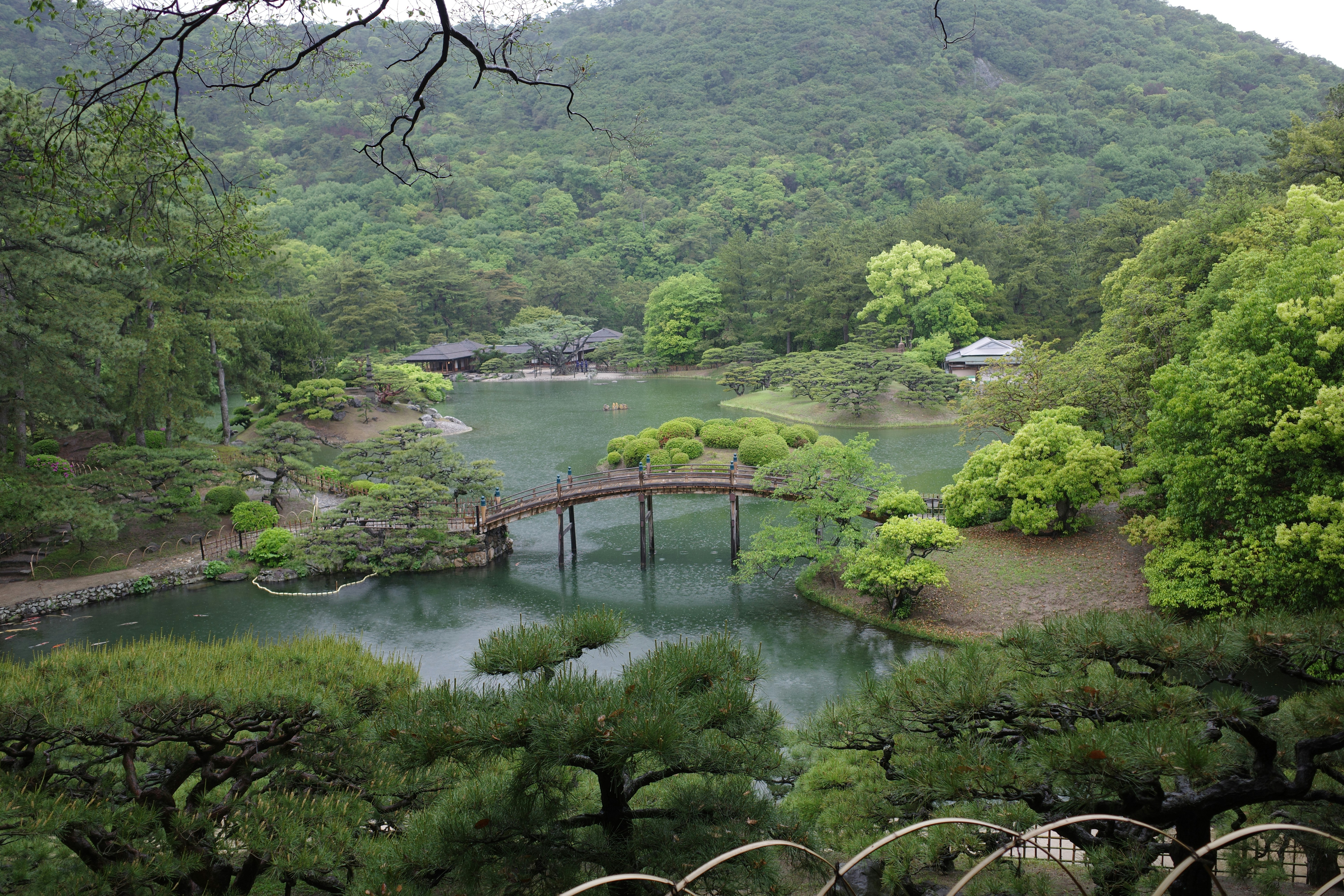 Serene Japanese Garden Overlook With A Wooden Bridge