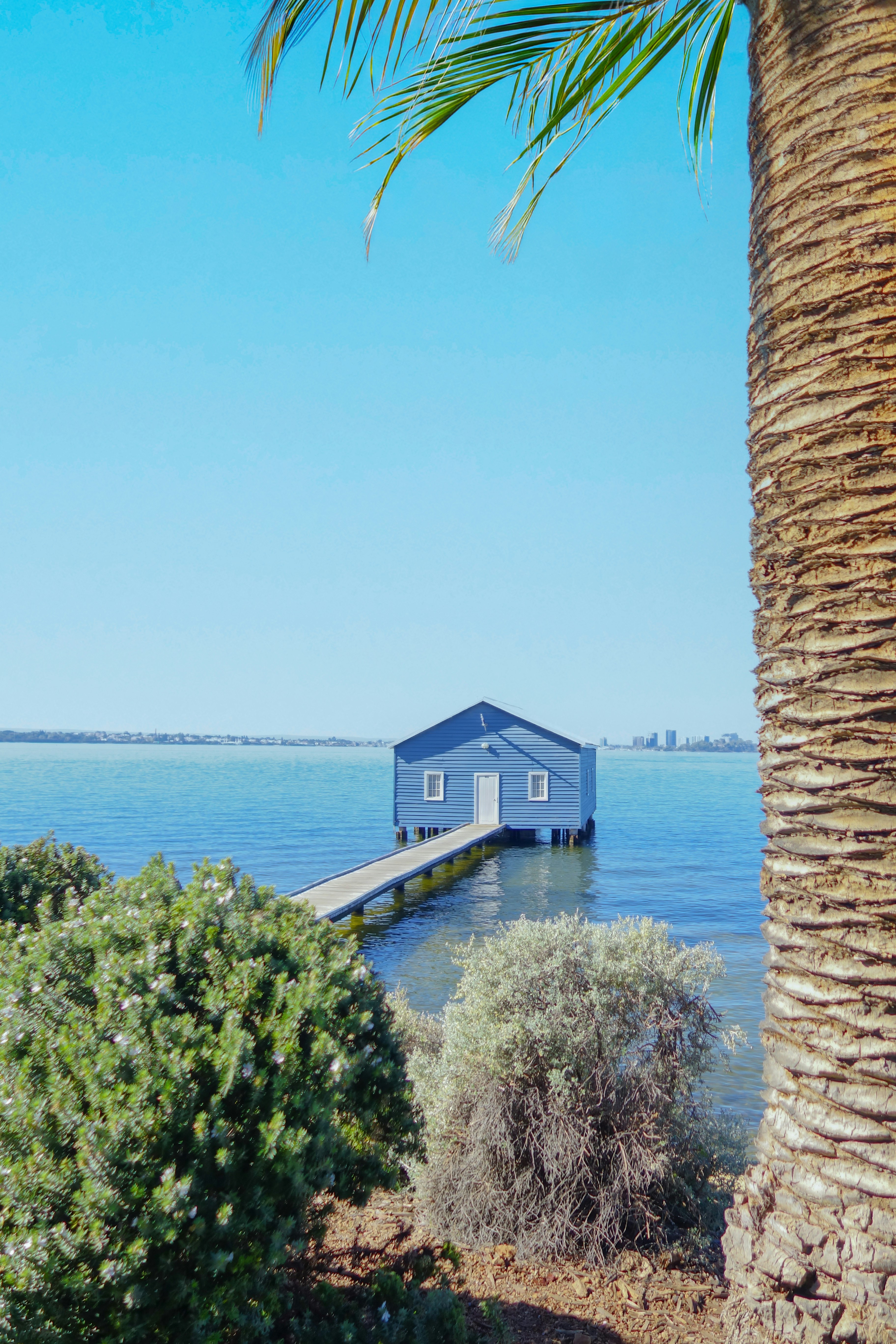 Blue Cottage at the End of a Serene Pier