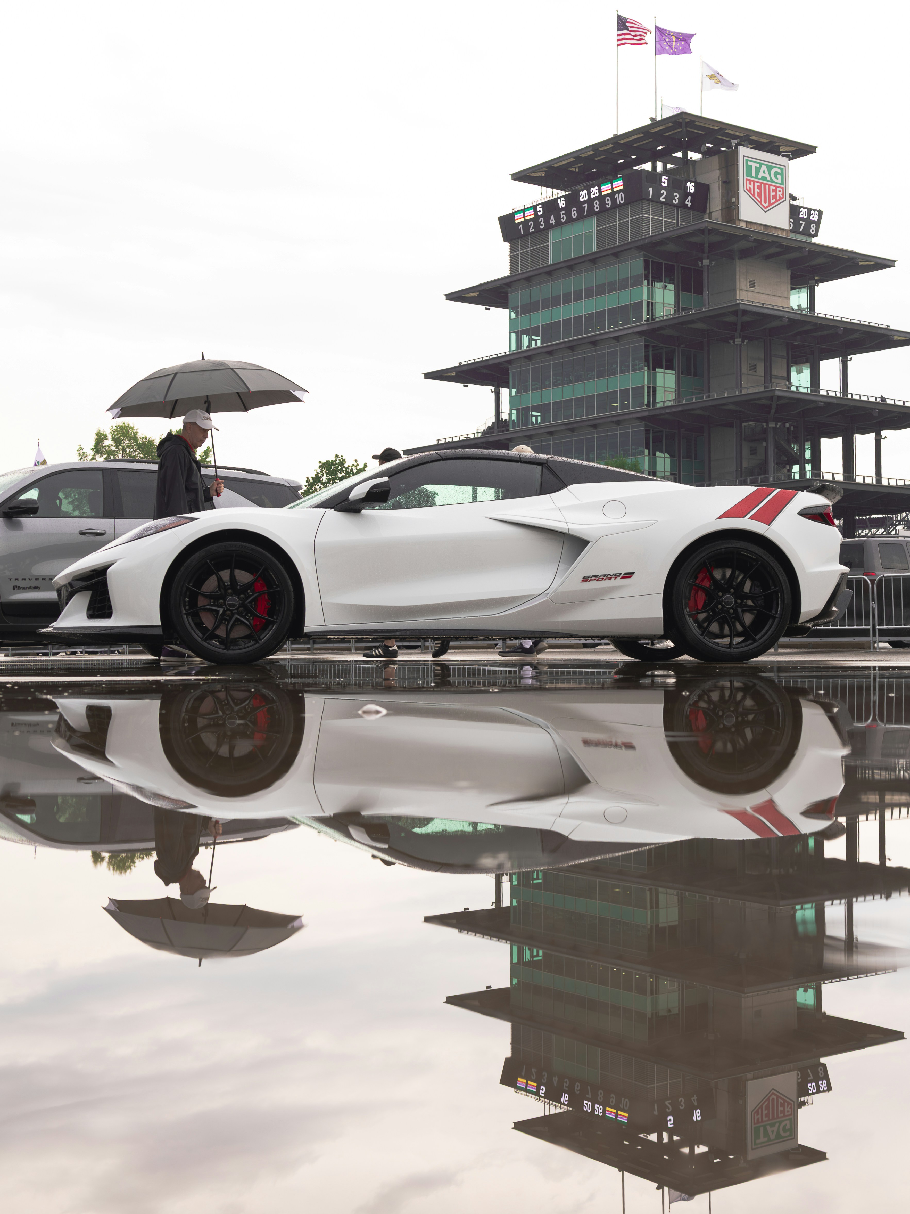White Shelby at the Historic Tower: Reflections, Speed, and Steel