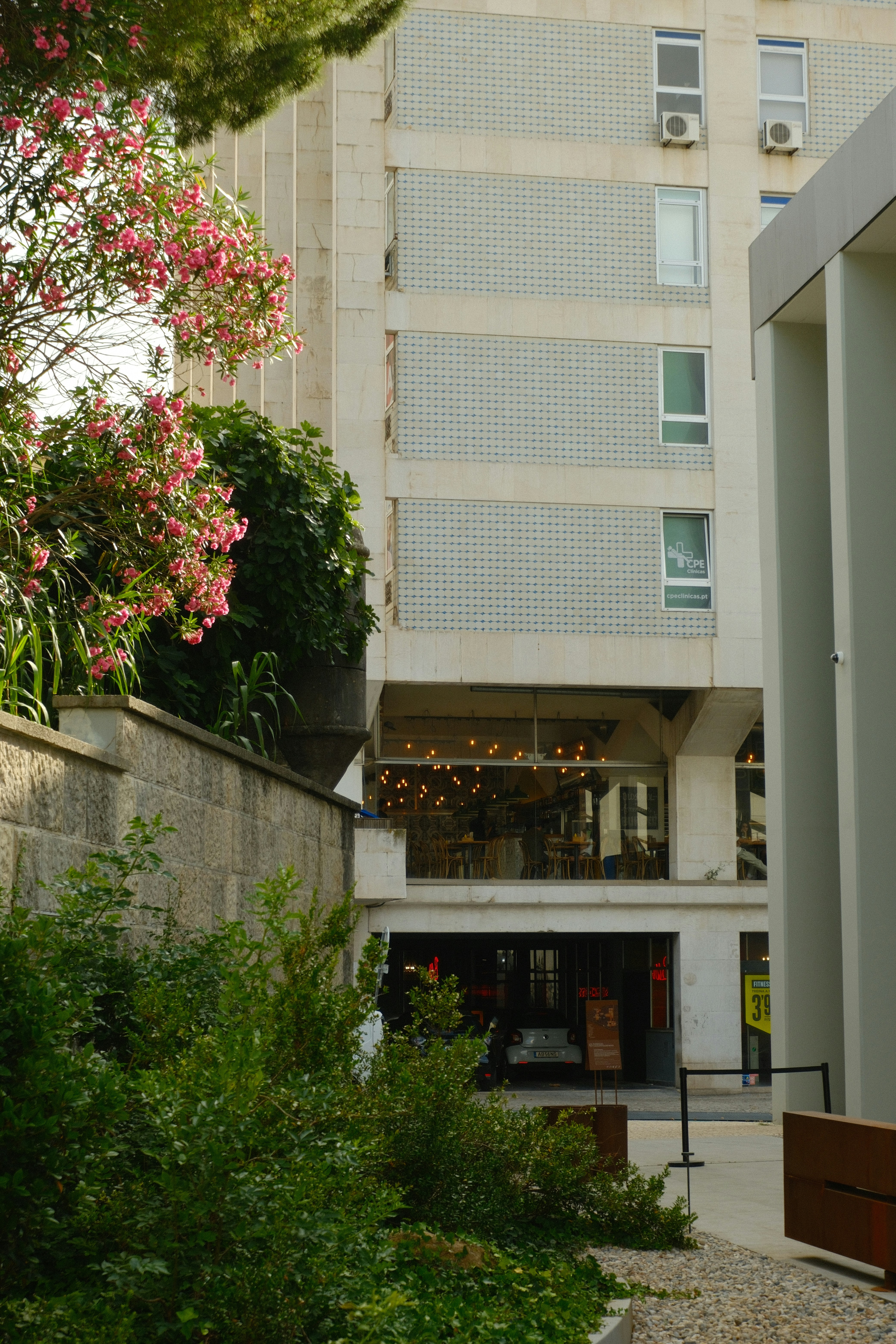 Greenery and modern facade framing a sunlit cafe below a high-rise