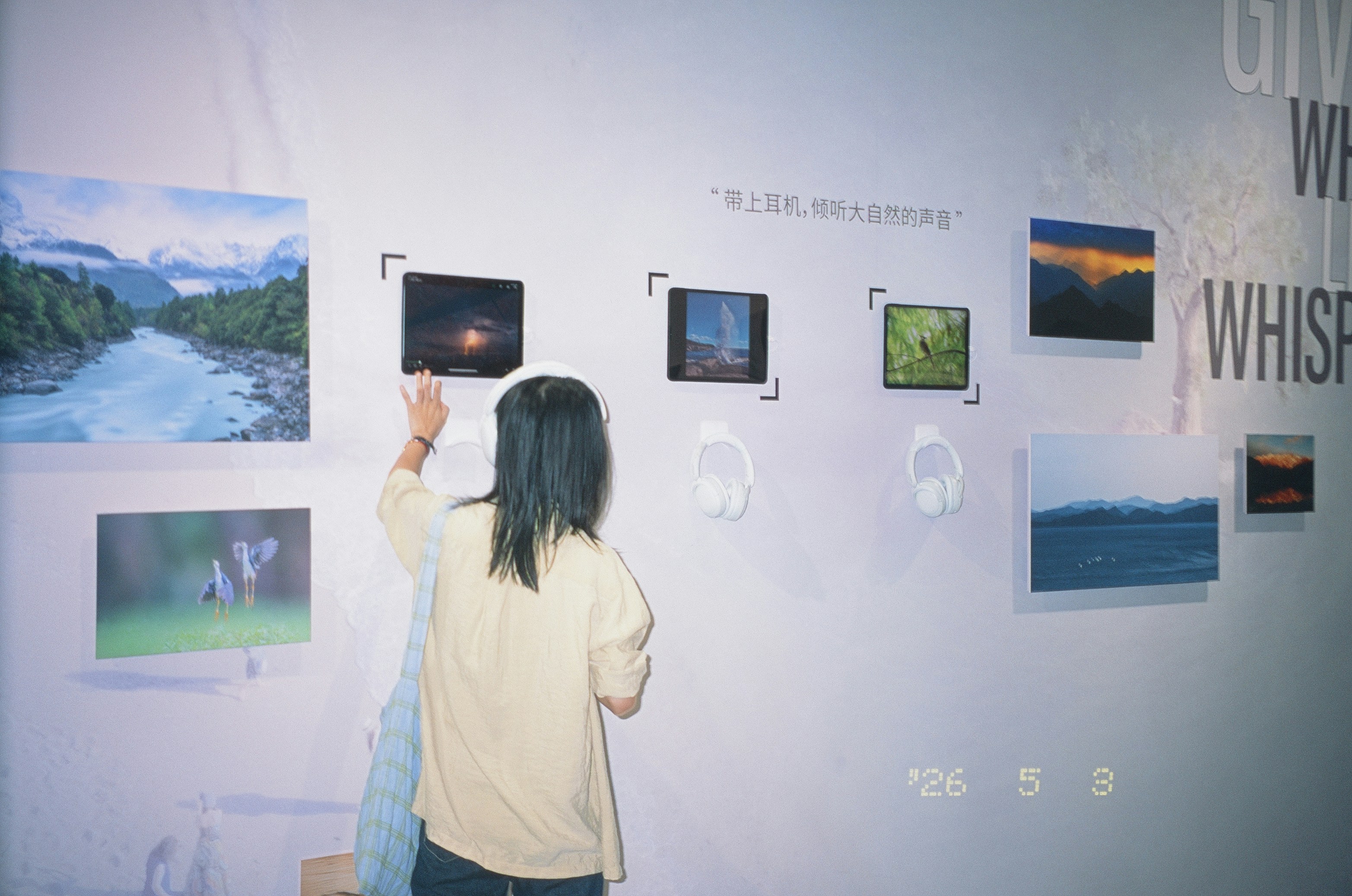 Visitor Examines a Wall of Displayed Landscape Photos at an Exhibit