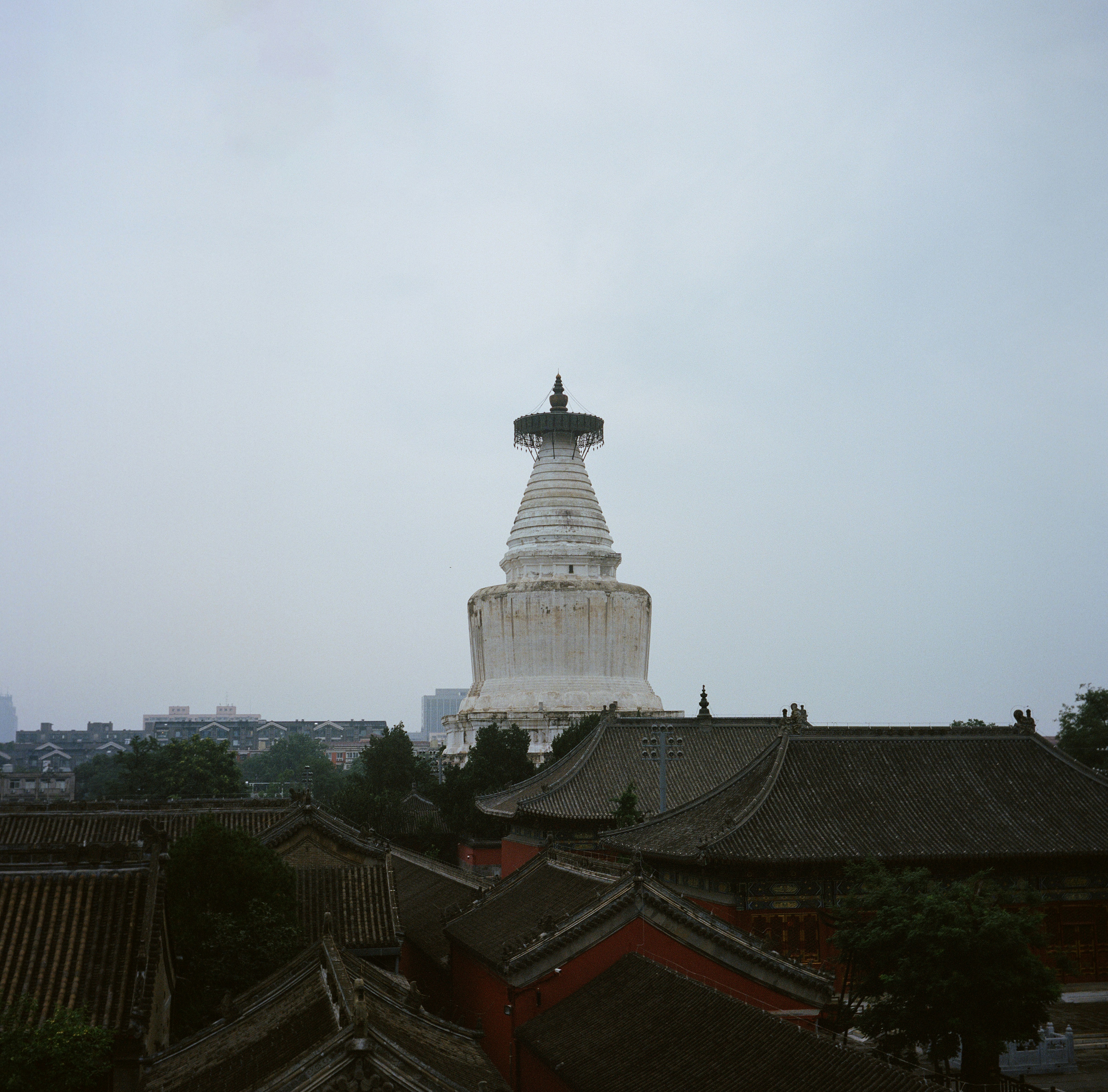 A serene cityscape features a white pagoda rising above traditional tiled rooftops, with muted skies in the background. This is a photographic capture emphasizing architectural contrast.
