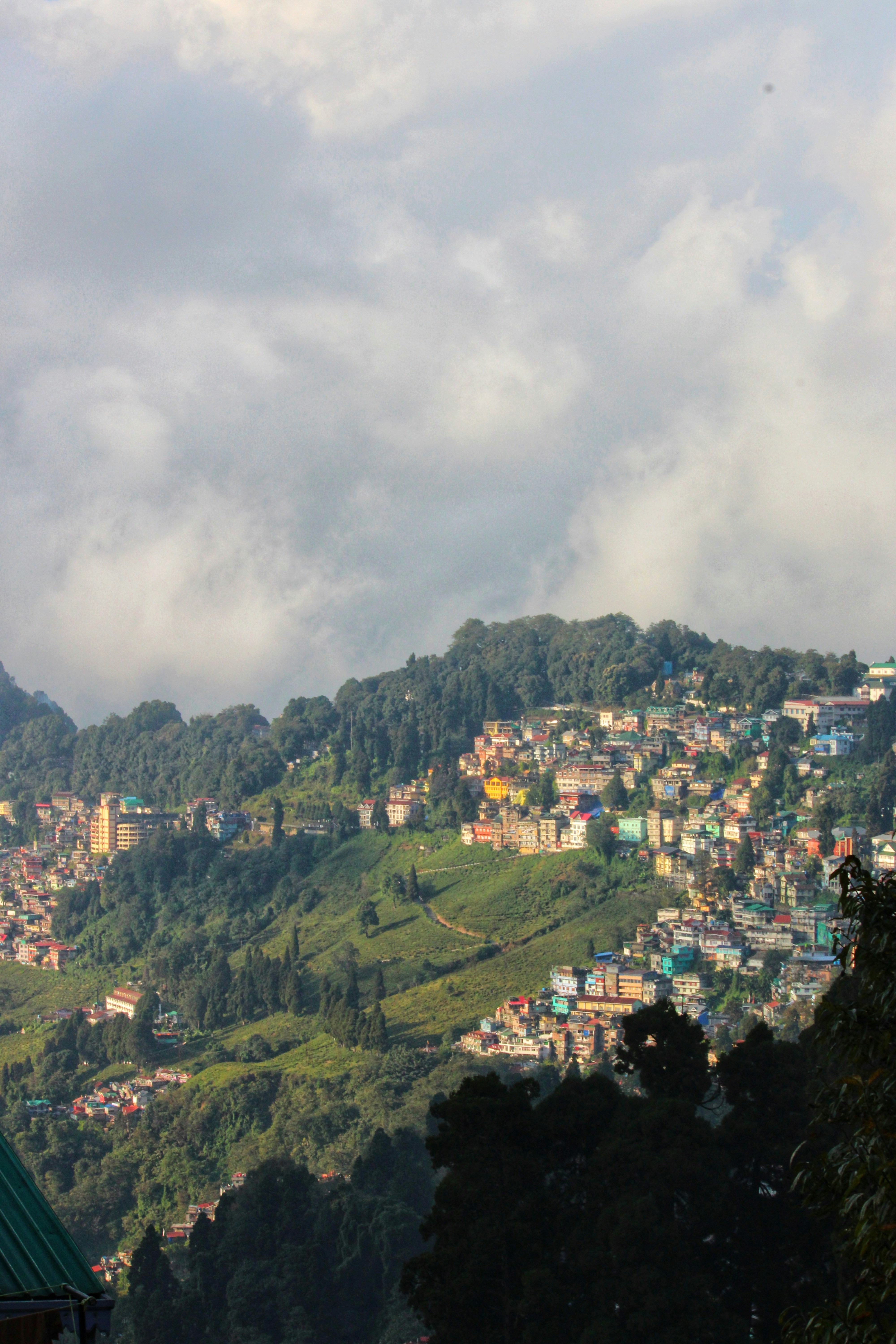 A hillside town densely packed with colorful houses climbs a green slope under a cloudy sky.