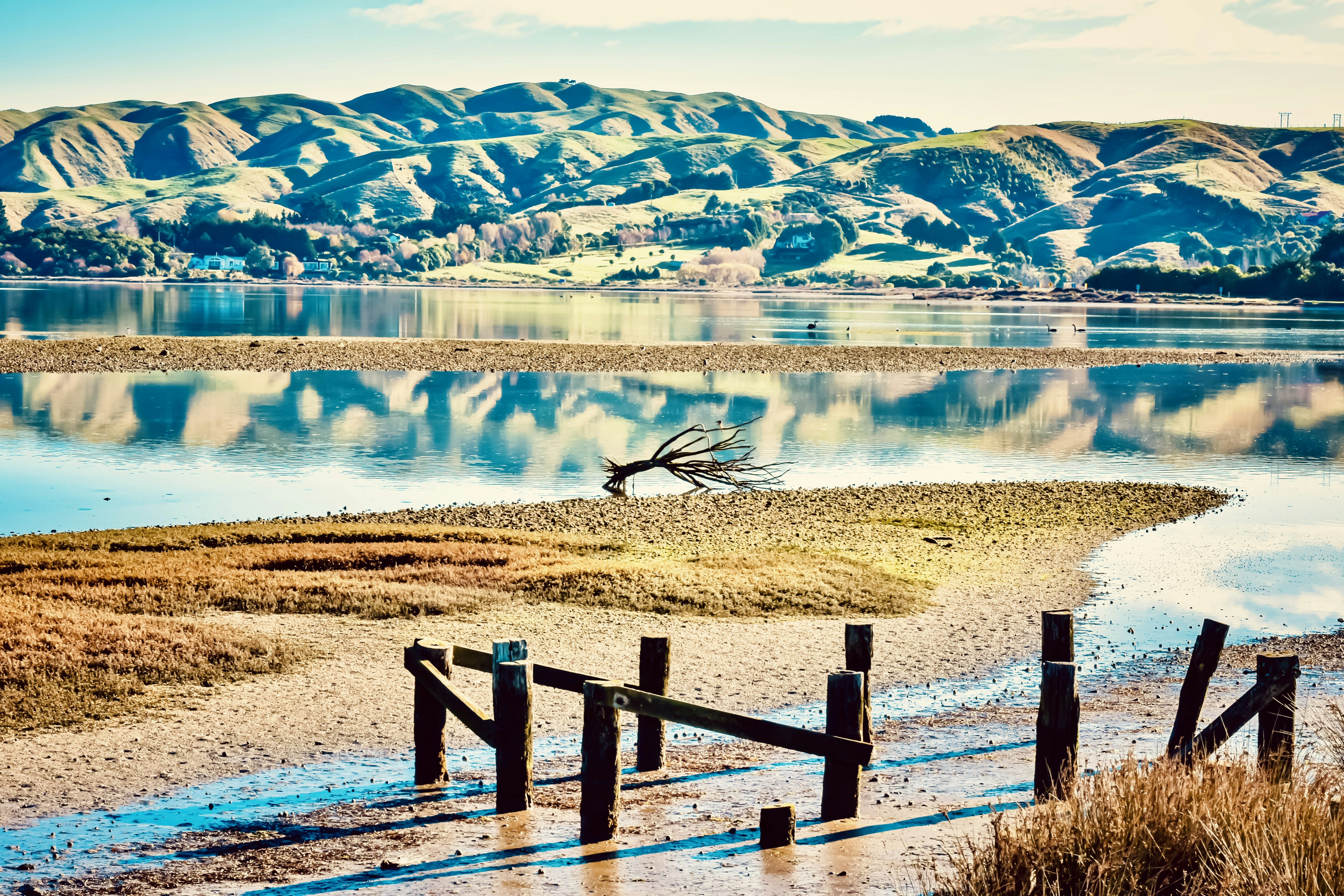 Sun-kissed lake shore with weathered pilings and distant hills
