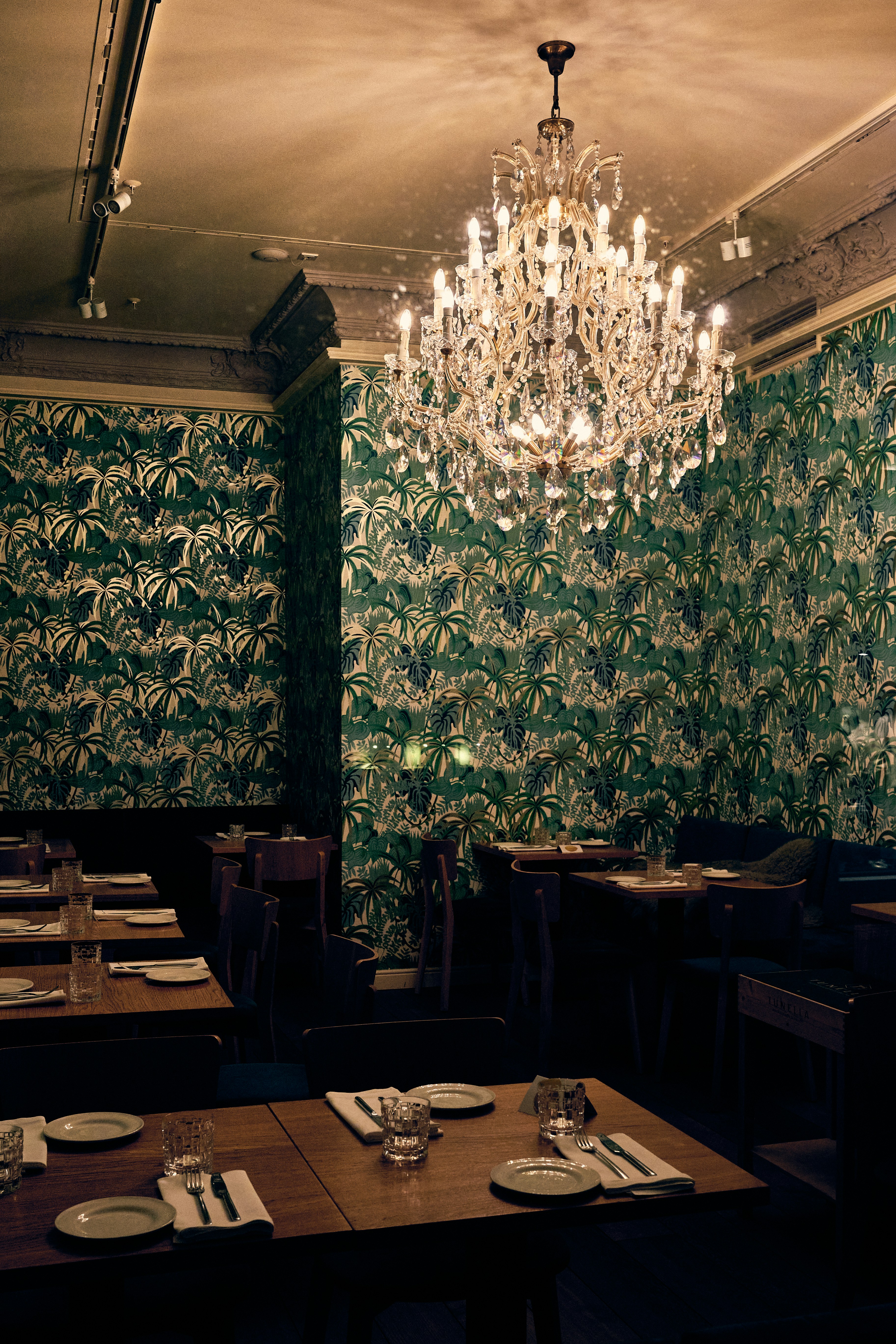Crystal chandelier pulls the room into glow-filled focus