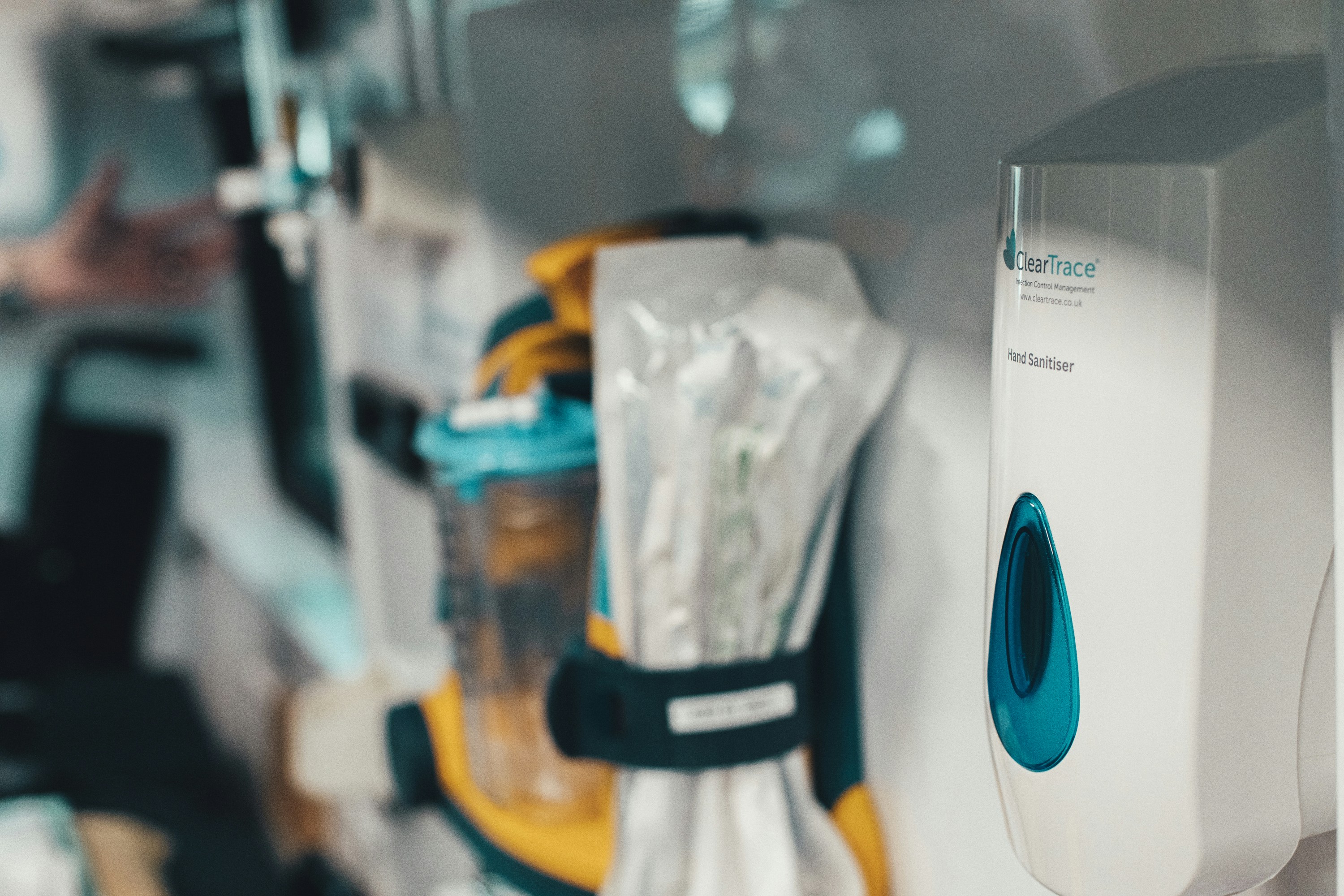 Touchless Care: a row of medical dispensers and supplies