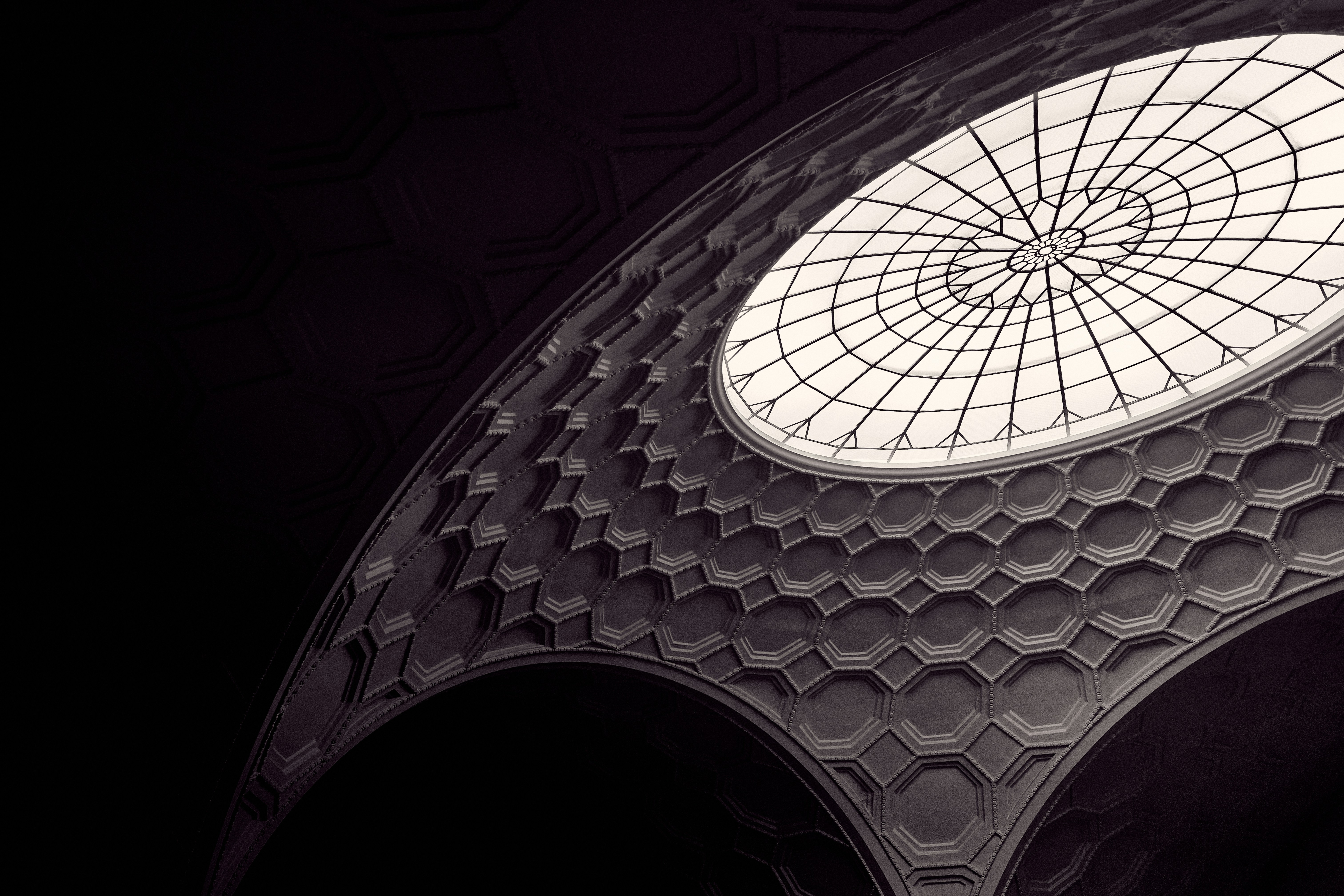 Geometric Dome Prism: Textured Hexagons Beneath a Circular Window