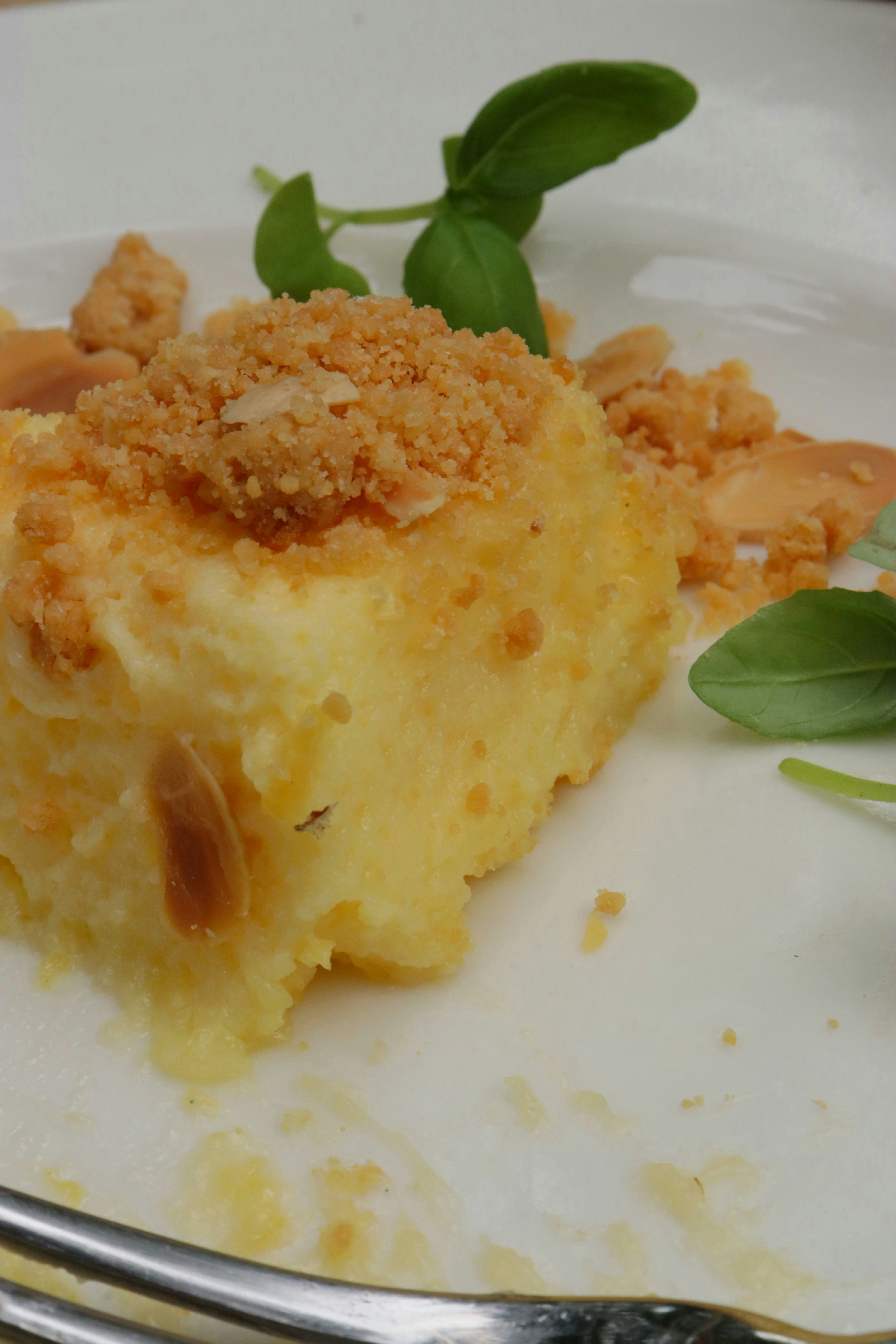 Crumbed Vanilla Dream Cake on a White Plate