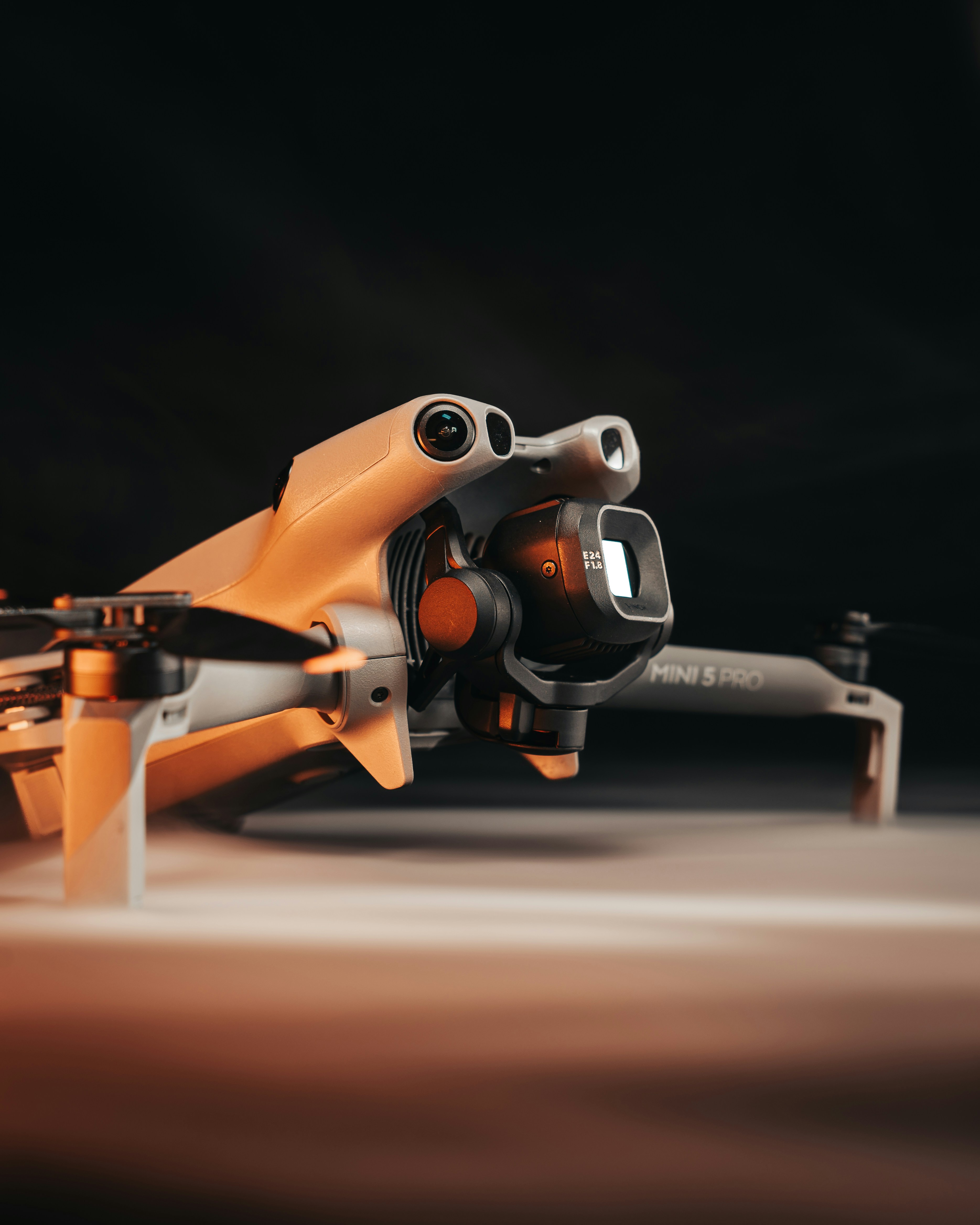 Close-up of a DJI-style twin-camera gimbal ready to lift off