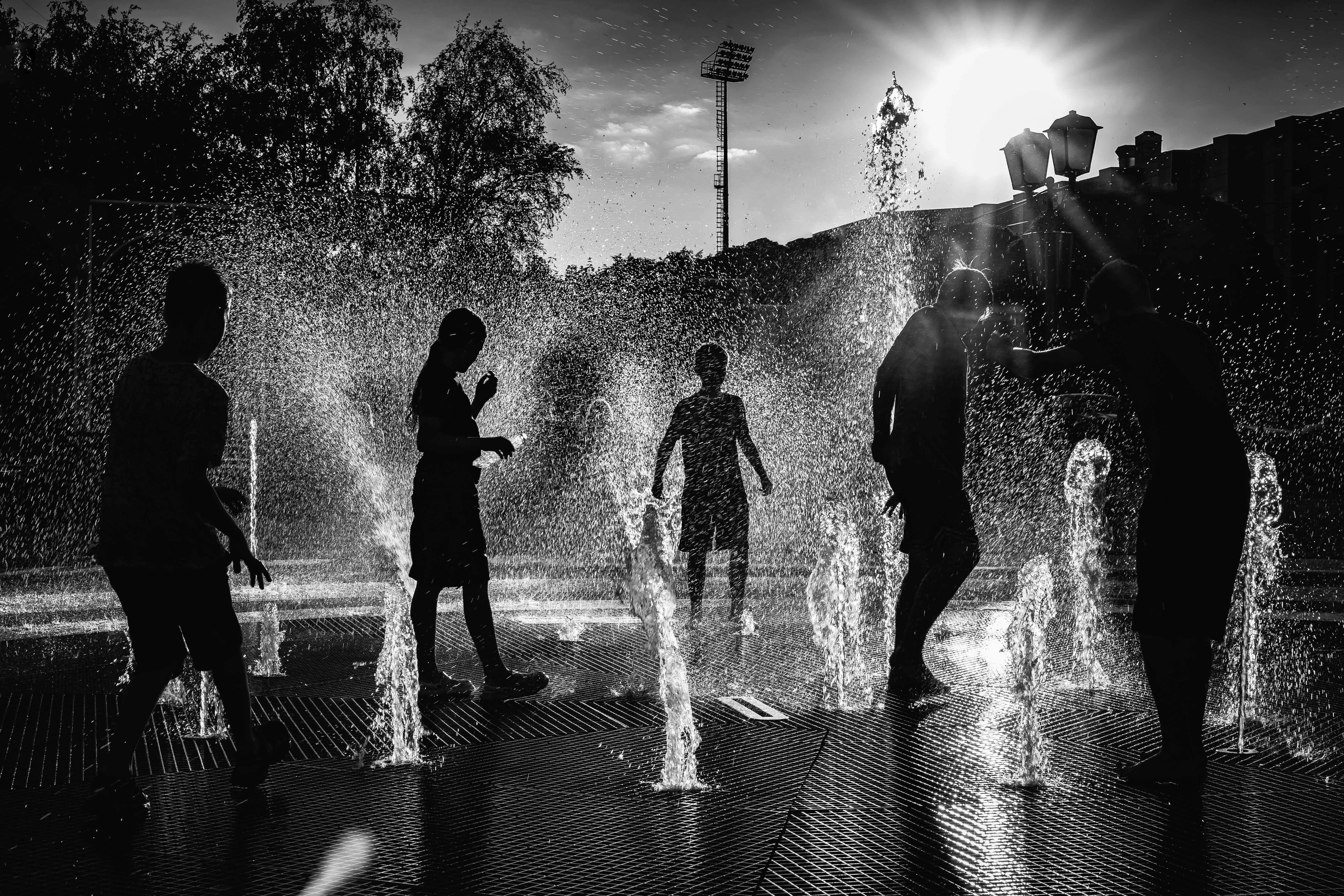 Dancing Water Jets under Evening Lights