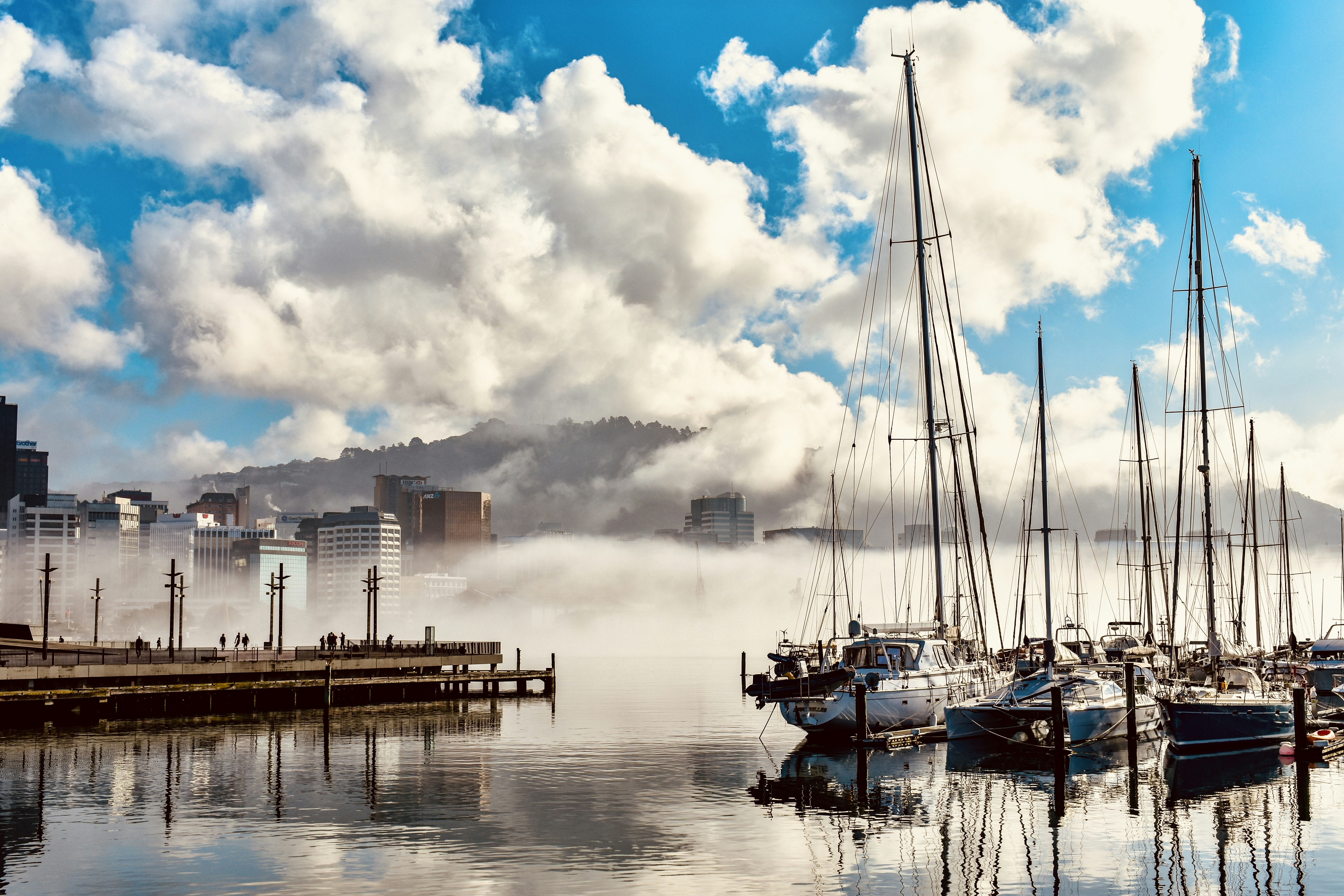 Misty Marina: Sails Amid the Fog over a Quiet Harbor