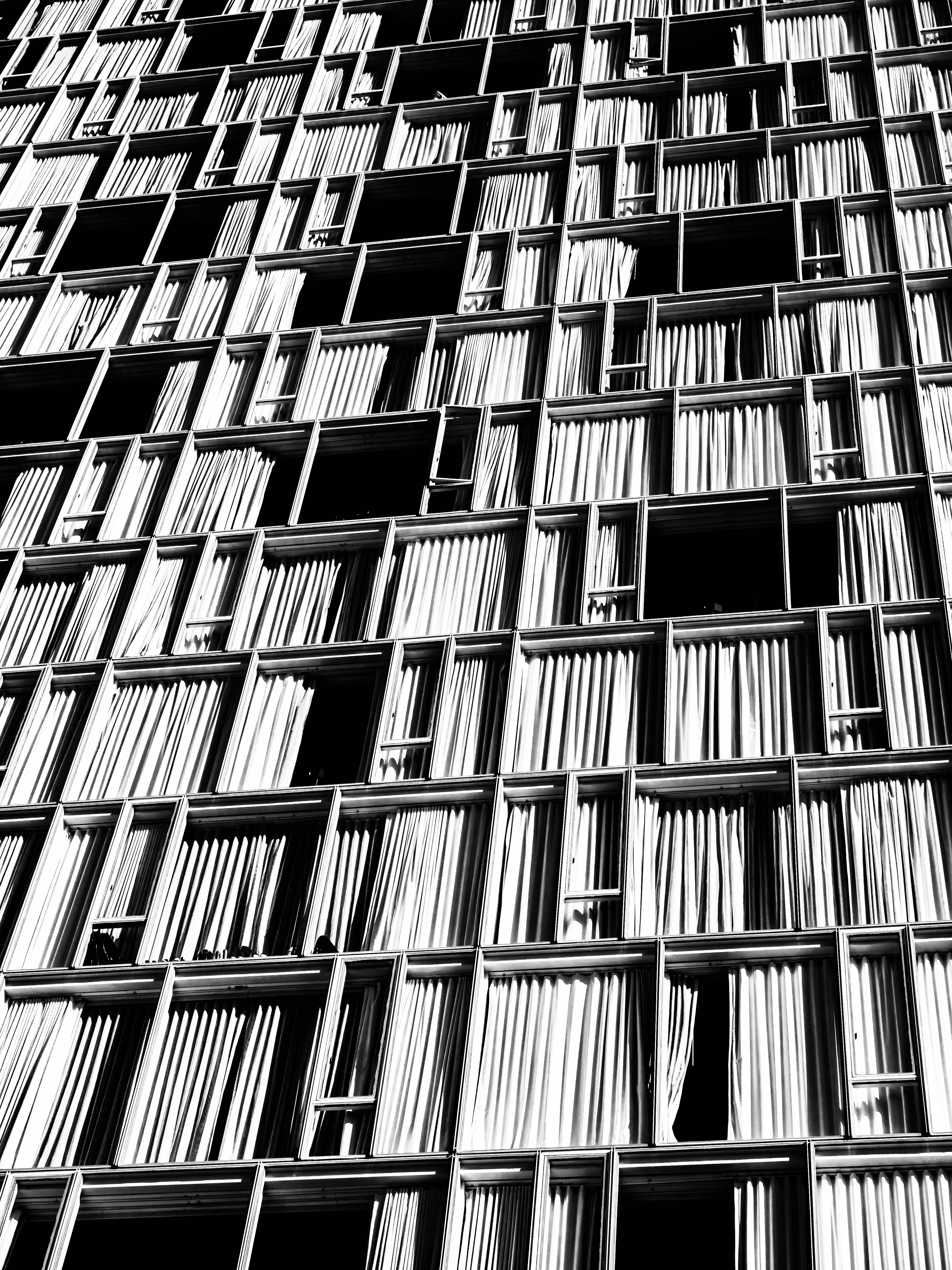 Geometric Rhythm: A facade of stacked library shelves in monochrome