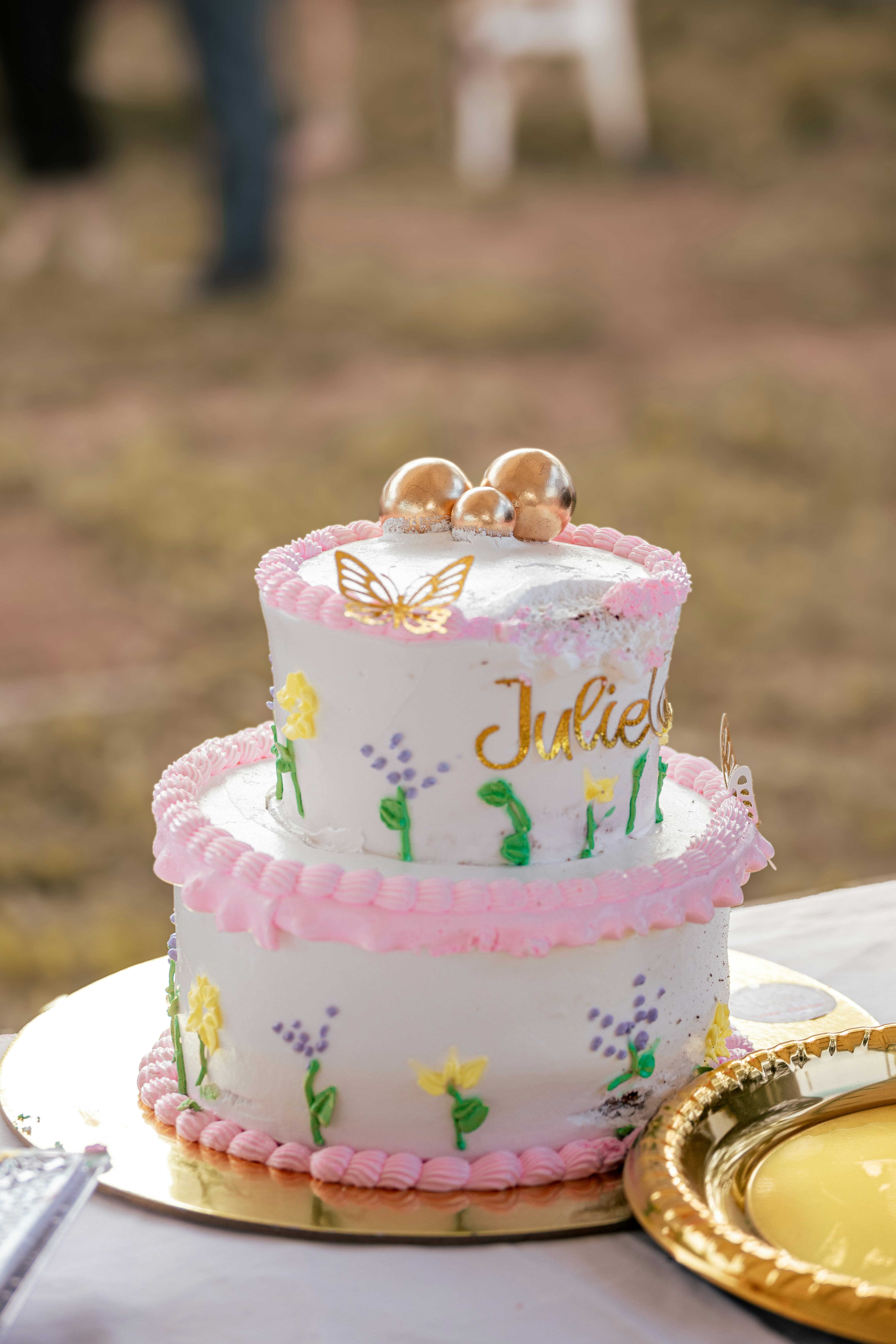 Pastel-Tiered Celebration: A Butterfly-Accent Cake at Ground Level