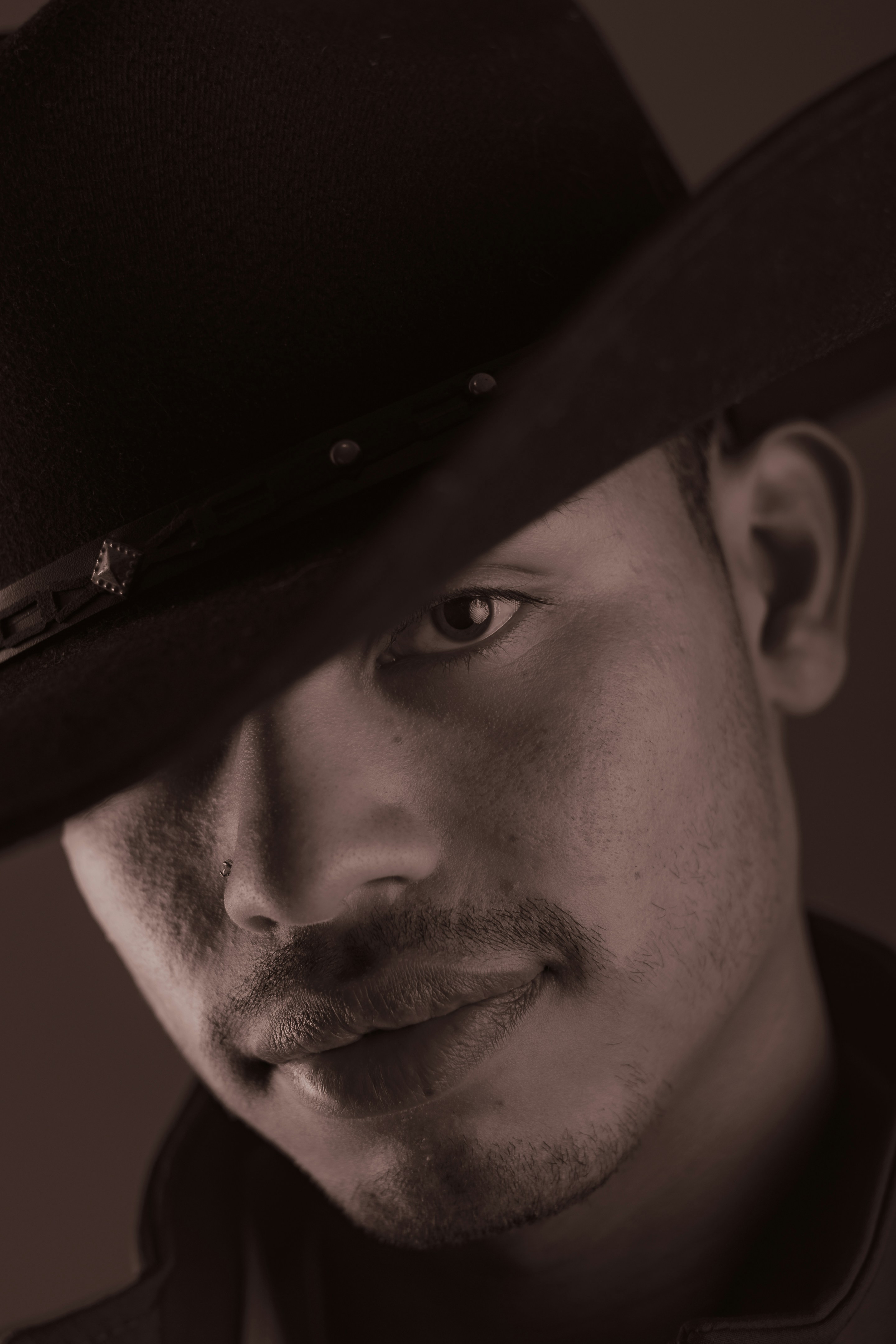 Midnight Veil: A Shadowed Gaze under a Wide Brim