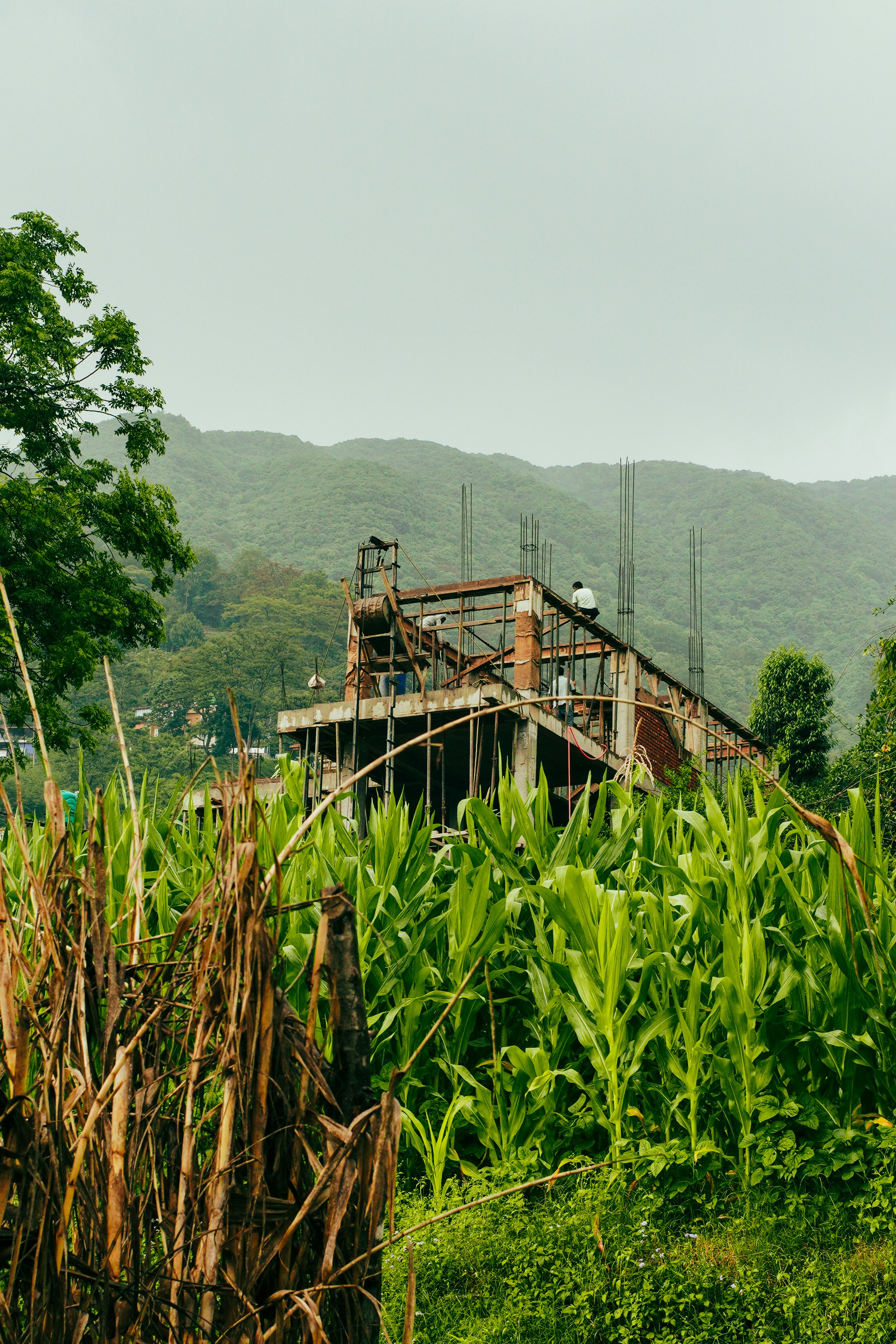 Rough Construction Surrounded by Green Fields and Rolling Hills
