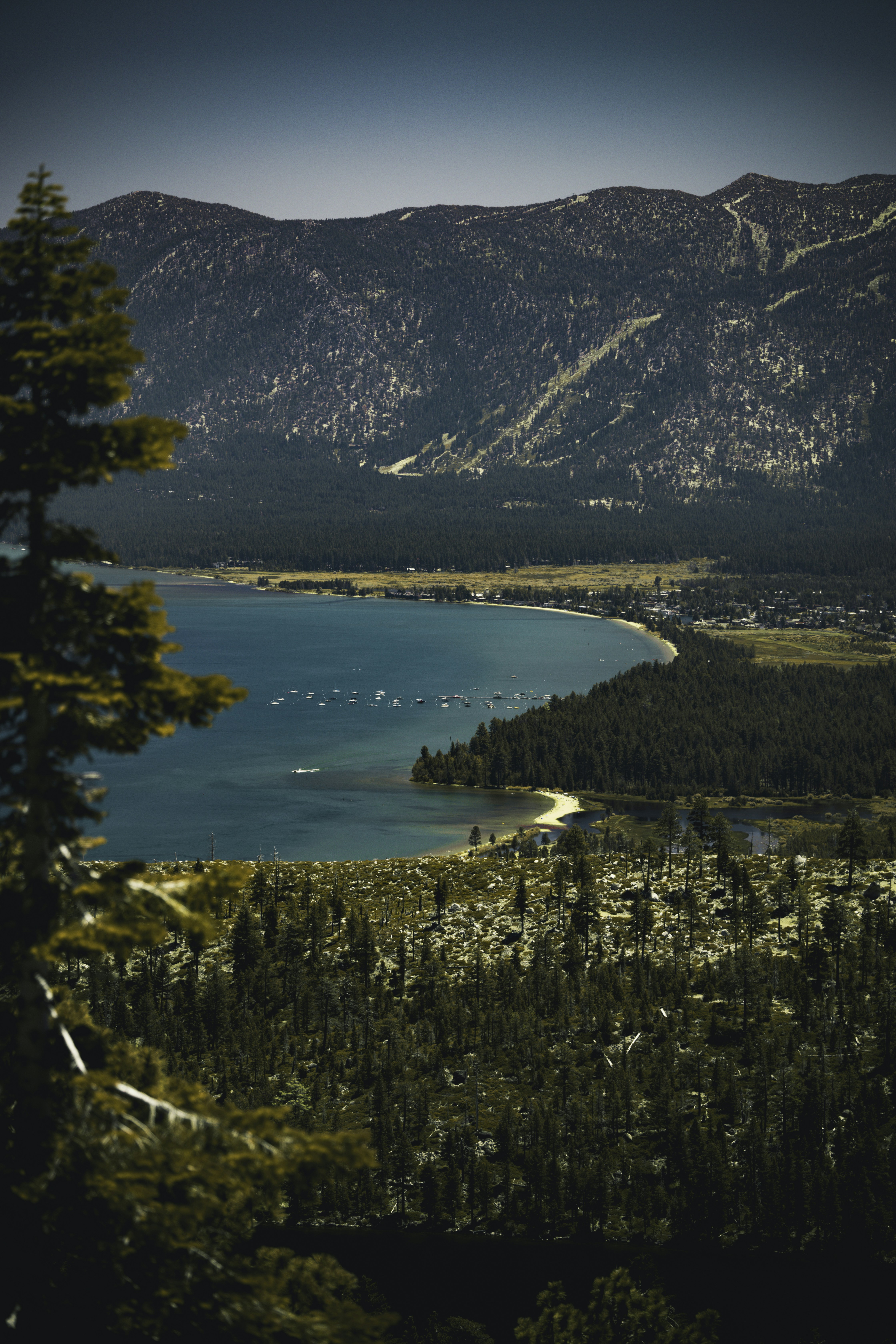 Turquoise bay framed by pine-dotted shoreline and towering mountains recedes into the distance; a sweeping valley leads to a distant town beneath a clear blue sky. A landscape photograph capturing depth from foreground trees to distant peaks.