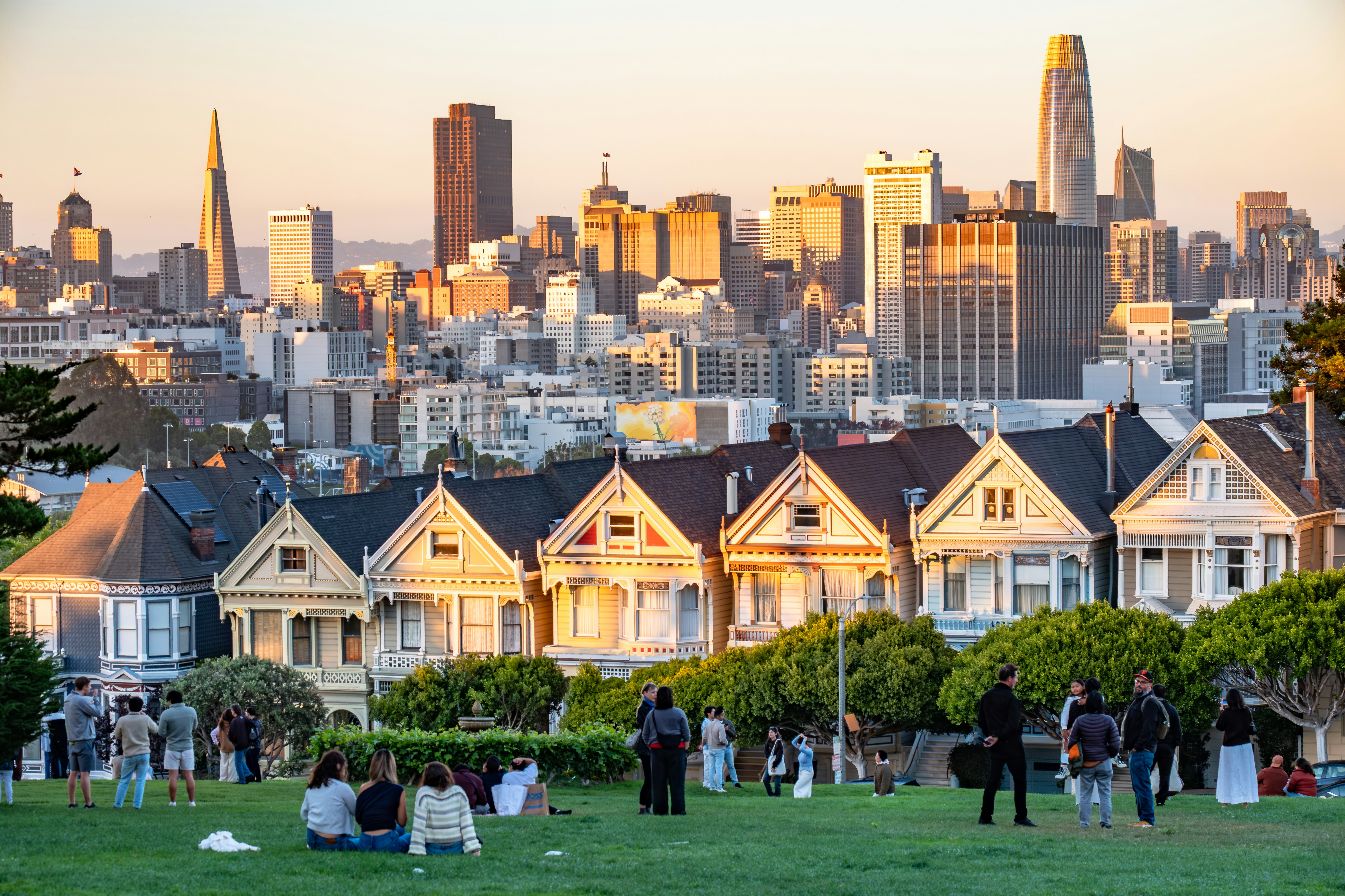 Sunlit Row of Painted Ladies with Bay City Skyline